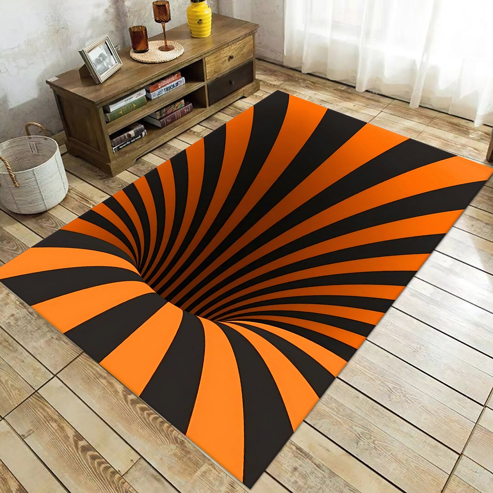 3D Vortex Rug, Optical Illusion Rug, Black and Orange Rug, Optical ...