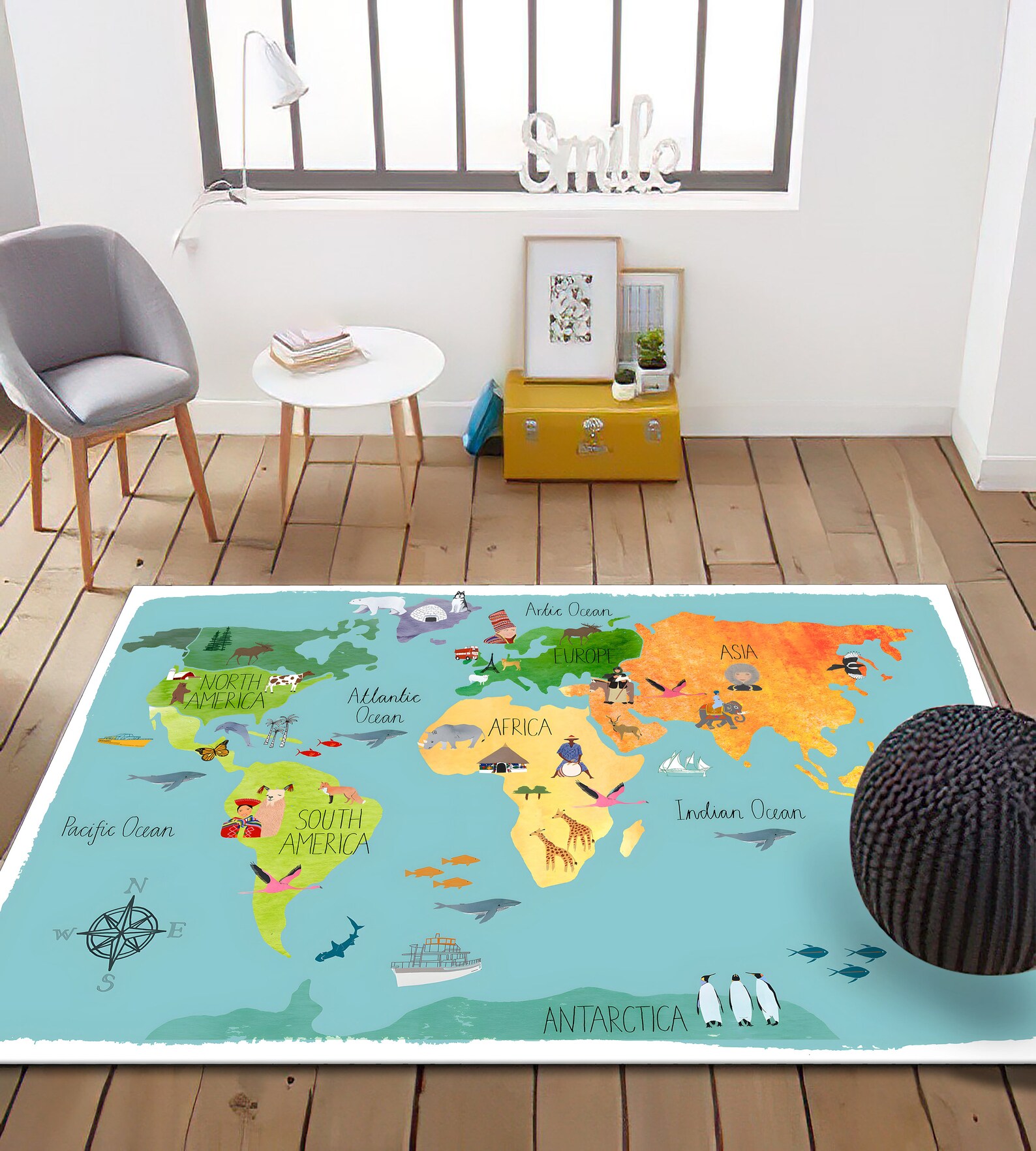 World Map Rug for Kids, World Map Carpet, Educational Play Mat for Kids ...