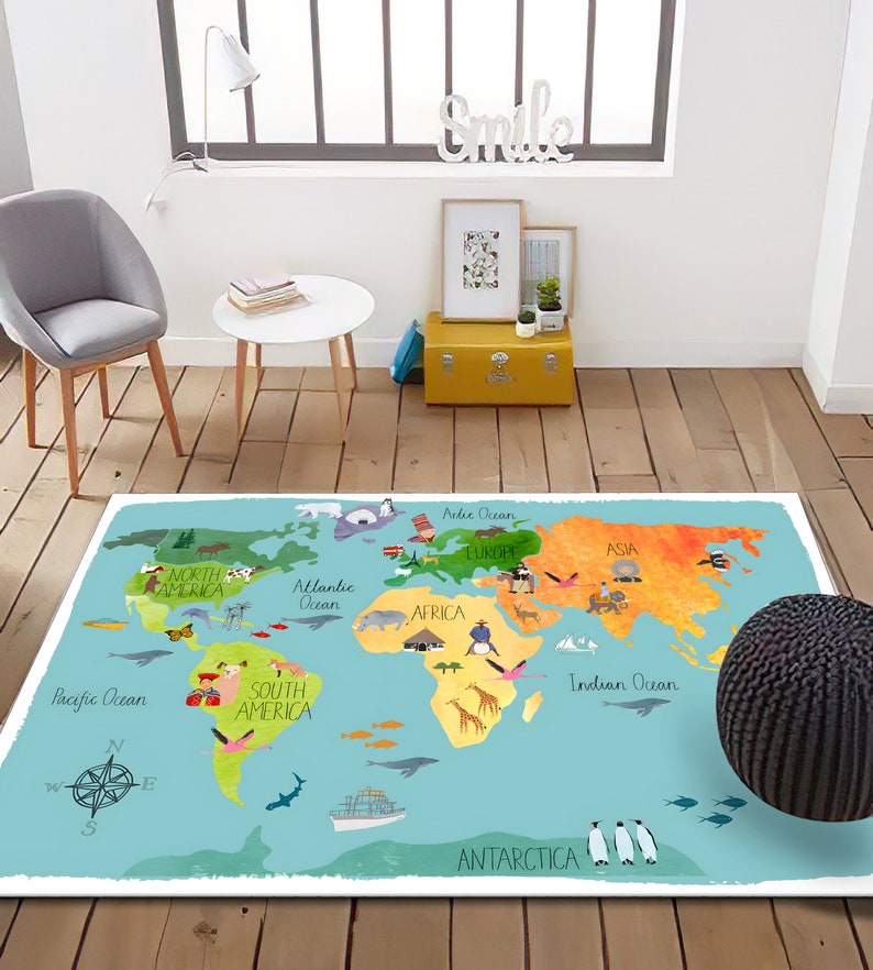 World Map Rug for Kids, World Map Carpet, Educational Play Mat for Kids ...