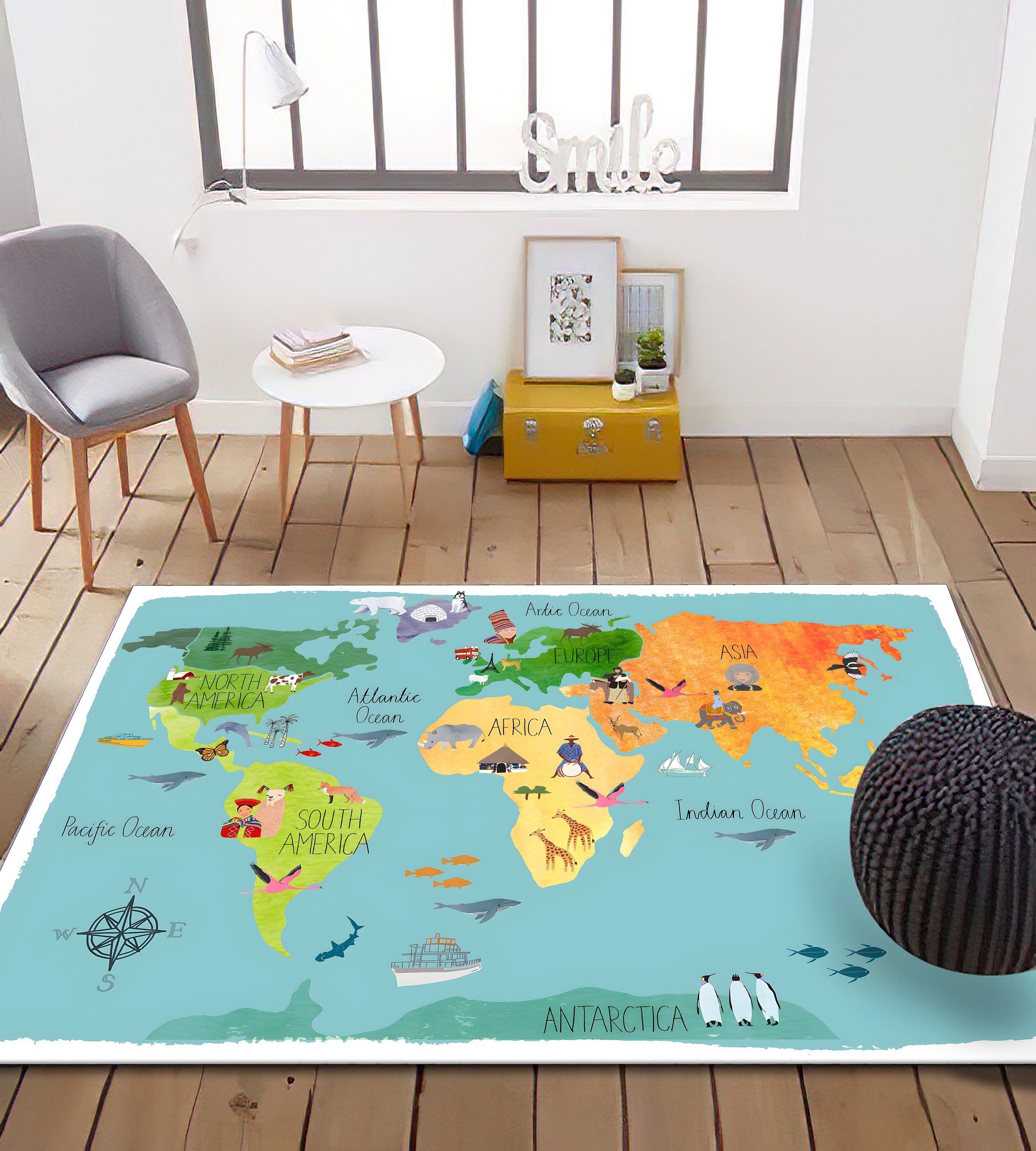 World Map Rug for Kids, World Map Carpet, Educational Play Mat for Kids ...