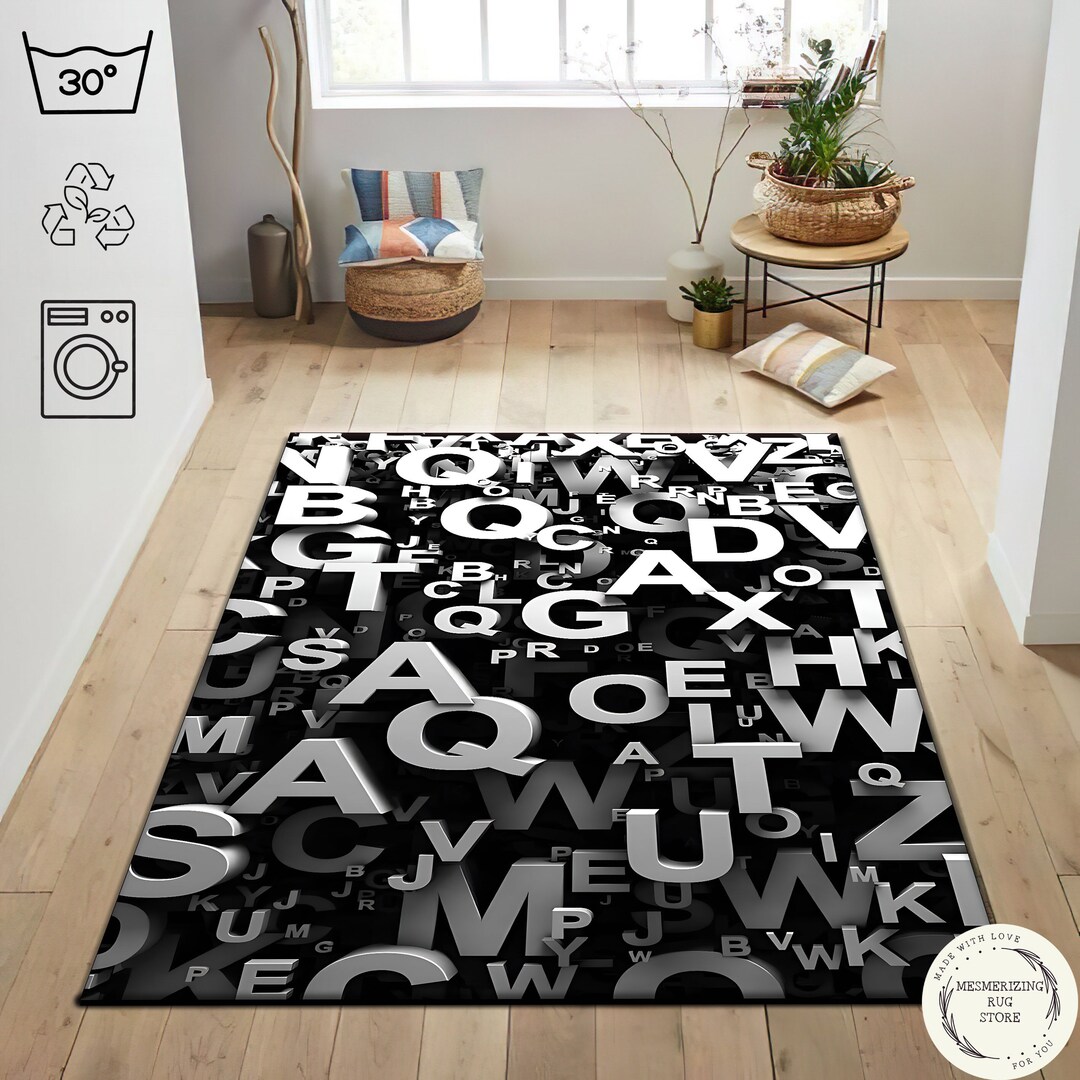 3D Illusion Rug, Letters Pattern 3D Effect Rug, 3D Alphabet Rug, Black ...