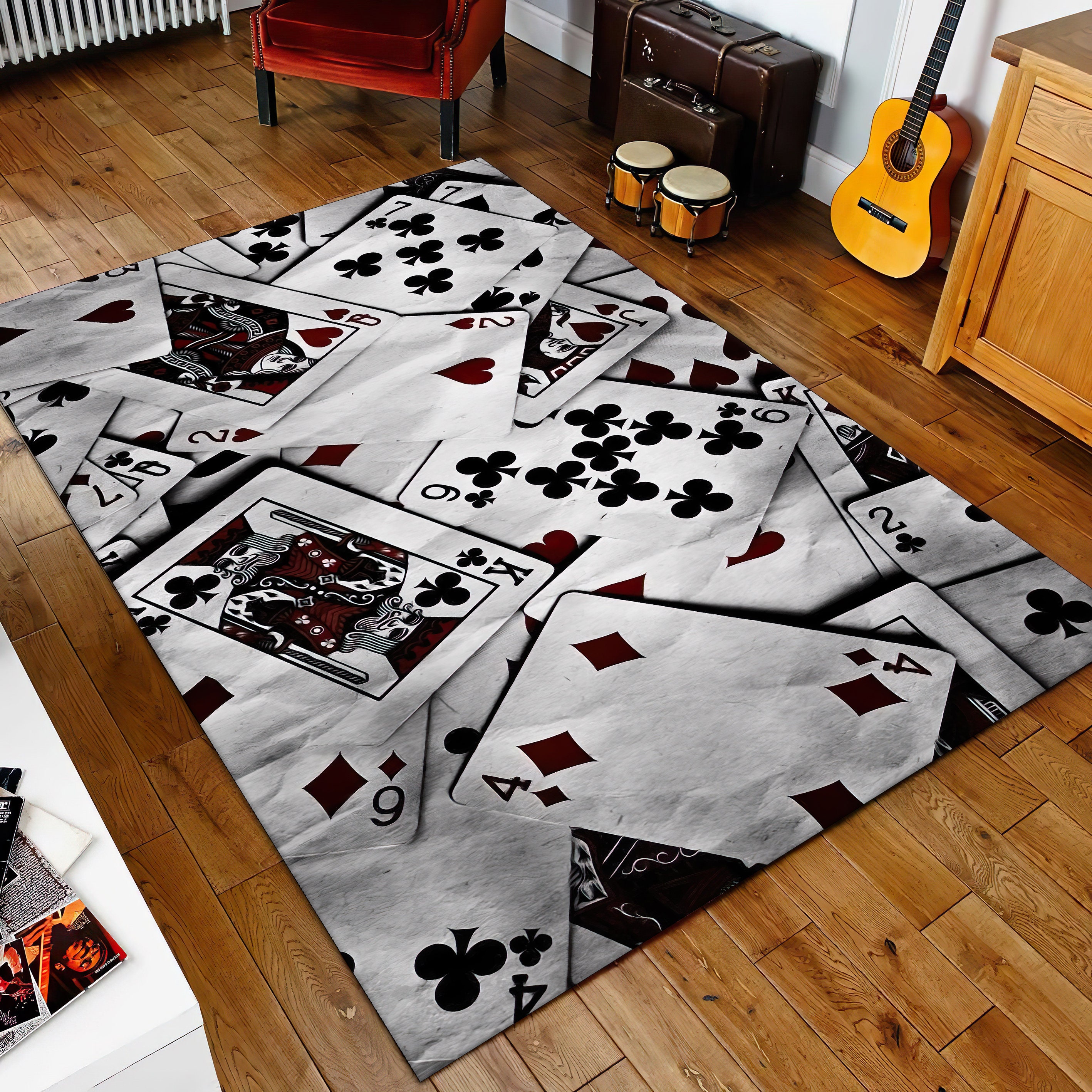 Playing Cards Themed Printed Rug, Black and White Rug, Washable Rug ...