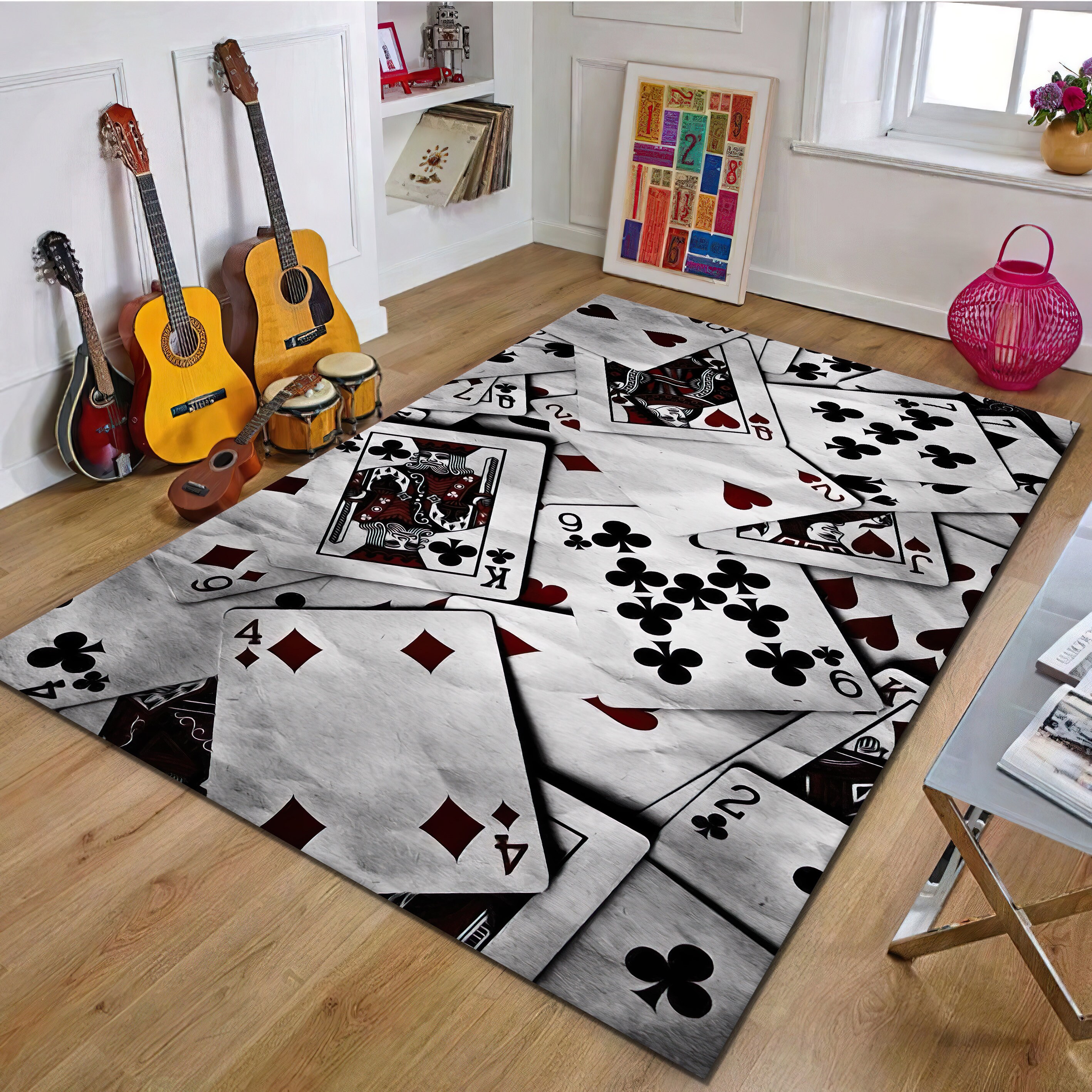 Playing Cards Themed Printed Rug, Black and White Rug, Washable Rug ...
