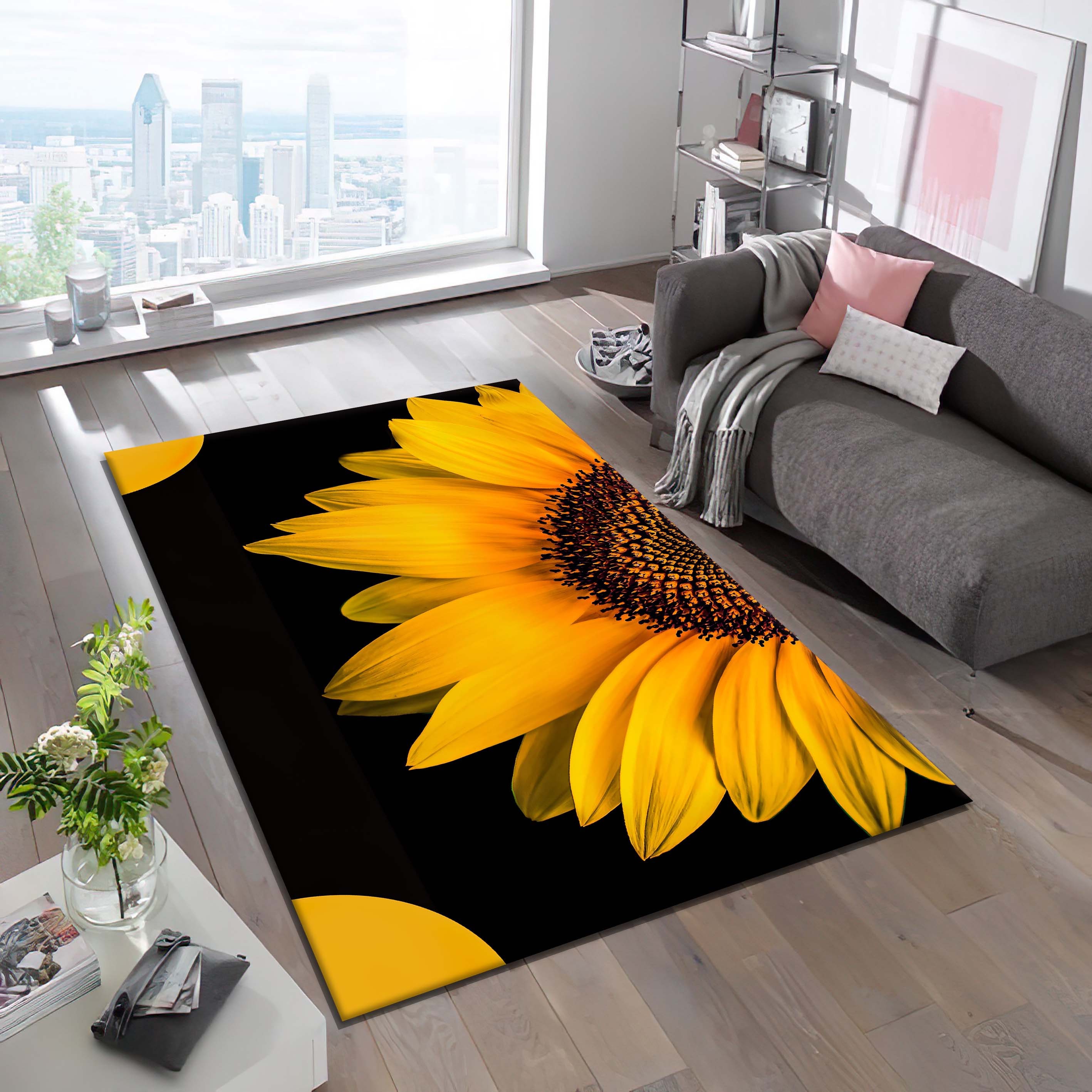 Realistic Sunflowers Rug, Black and Yellow Rug, Flower Rug, Vibrant ...