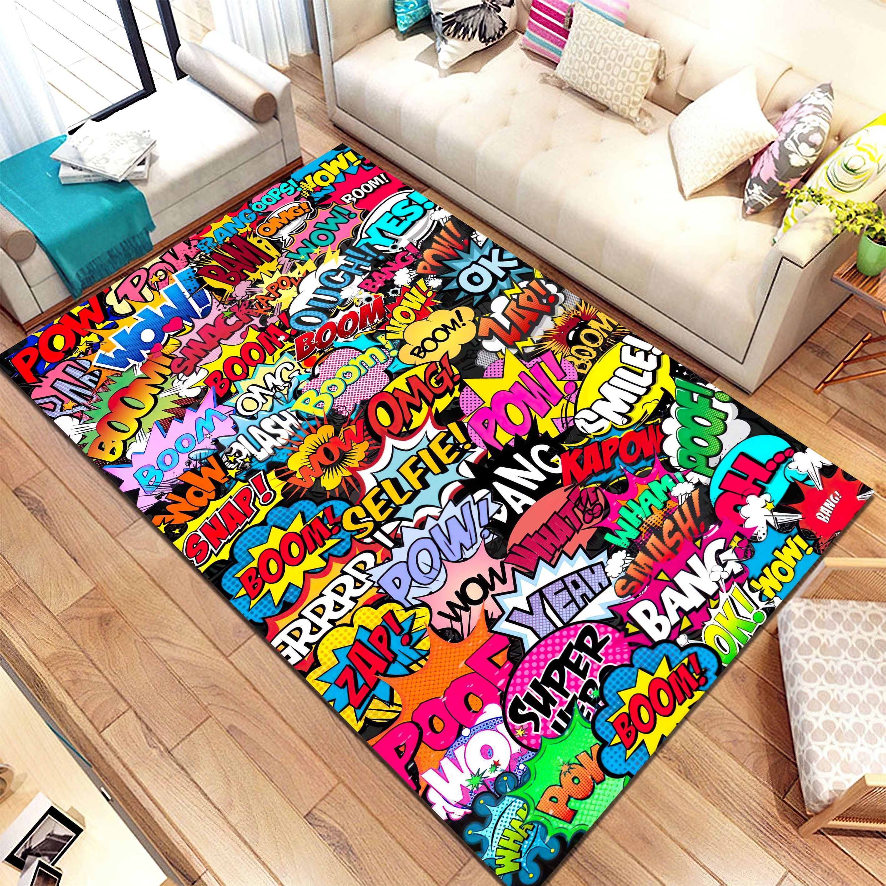 Comic Action Words Rug, Graffiti Rug, Comic Rug, Pop Art Rug, Boom Pow ...