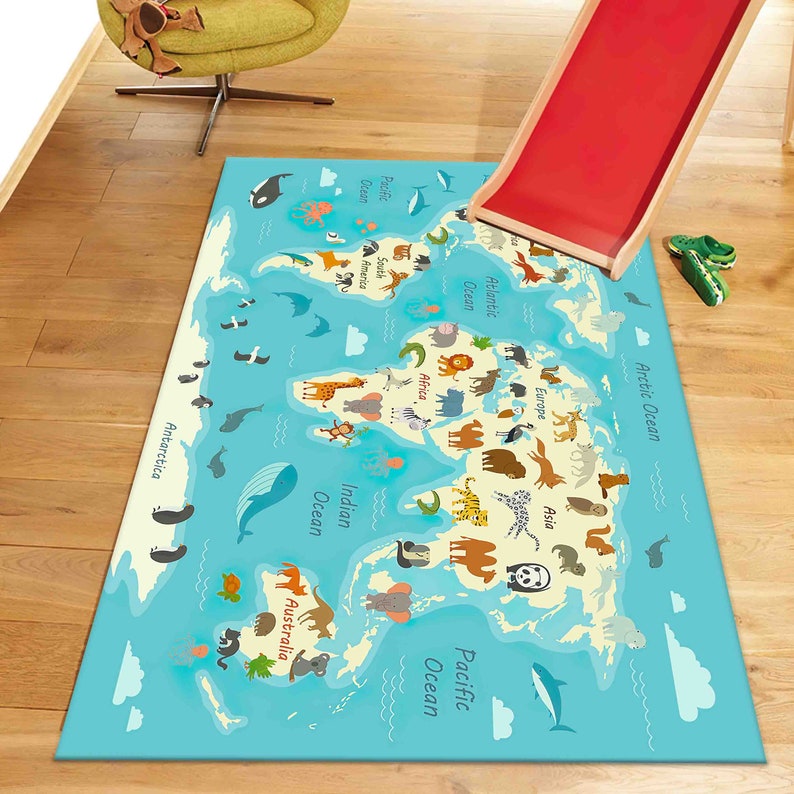 World Map Play Mat for Kids, Learn Continents & Animals, Baby Play Mat ...