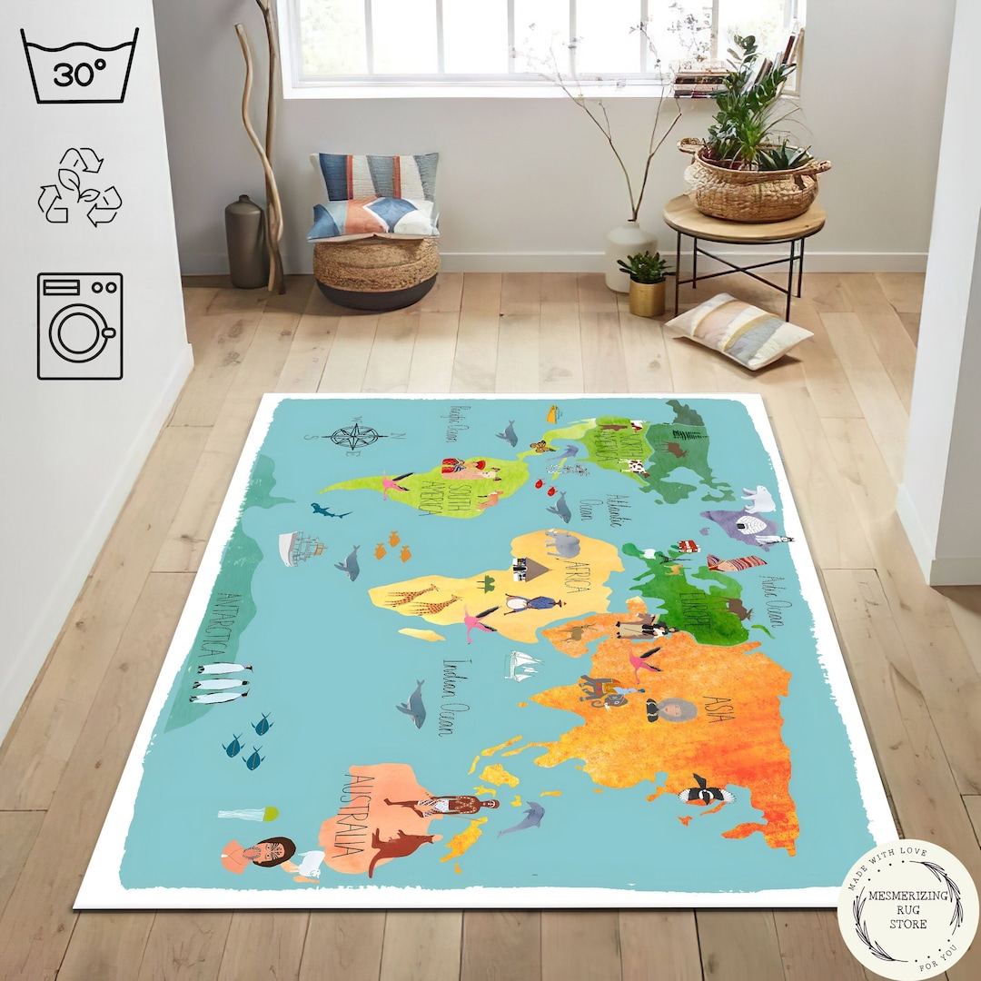 World Map Kids Rug: Educational Play Mat, Continents & Animals - Etsy