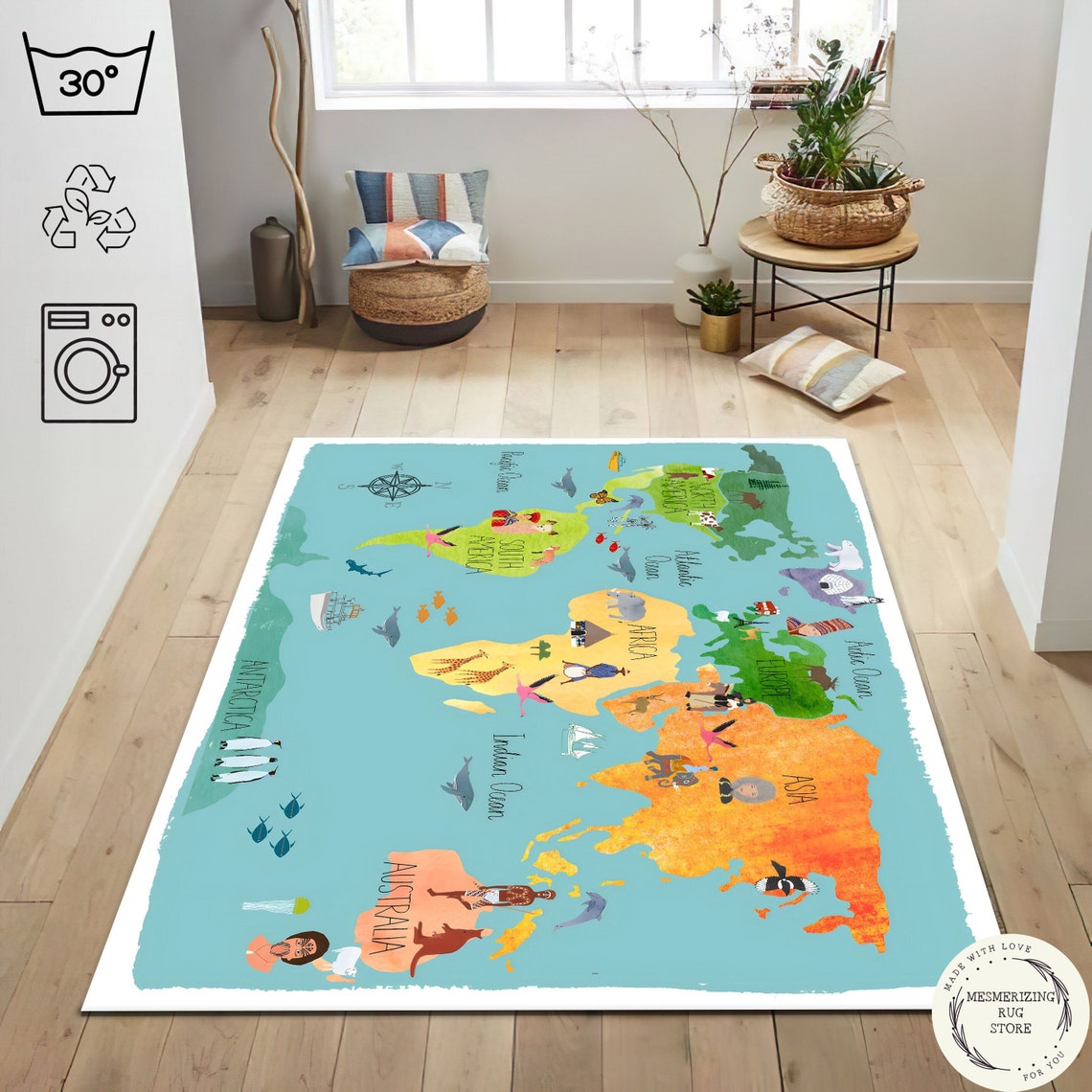 World Map Rug for Kids, World Map Carpet, Educational Play Mat for Kids ...