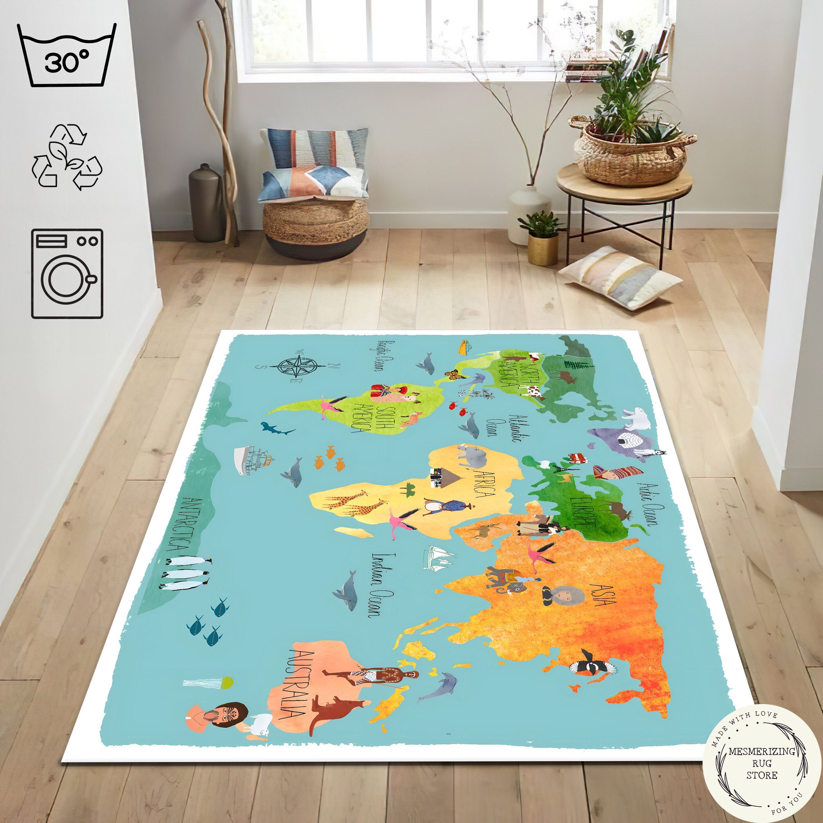 World Map Rug for Kids, World Map Carpet, Educational Play Mat for Kids ...