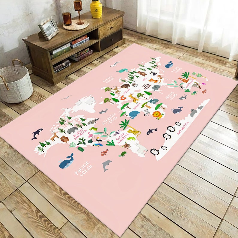 Pink World Map Kids Rug: Educational Animal Play Mat, Personalized With ...