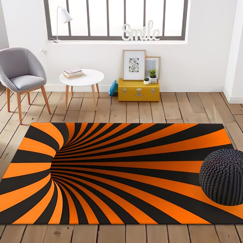 3D Vortex Rug, Optical Illusion Rug, Black and Orange Rug, Optical ...