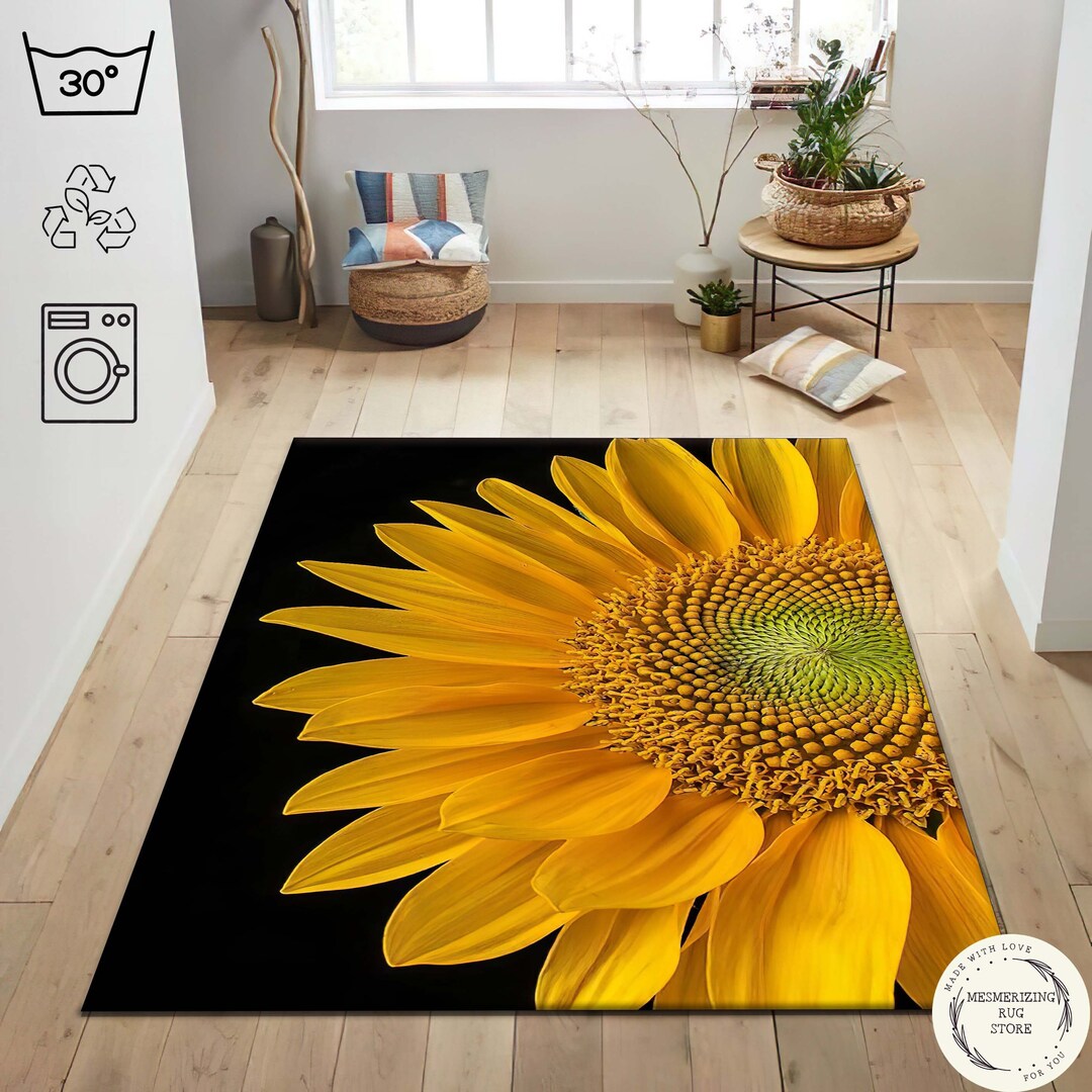Realistic Sunflowers Rug, Black and Yellow Rug, Flower Rug, Vibrant ...