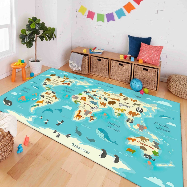 World Map Play Mat for Kids, Learn Continents & Animals, Baby Play Mat ...