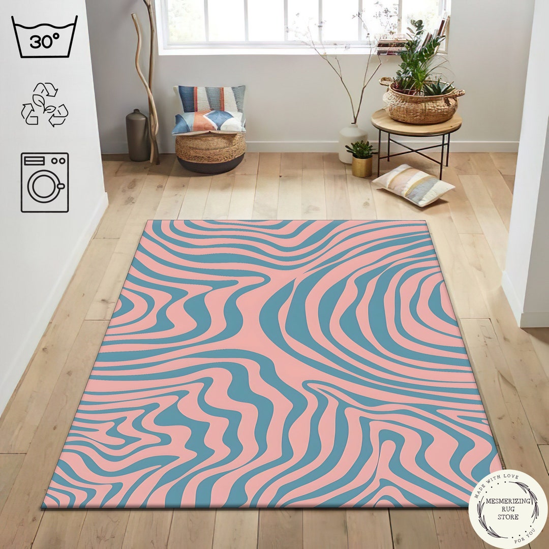 Blue Pink Wavy Retro Area Rug, 70s Rug, Wavy Trippy Rug, Psychedelic ...