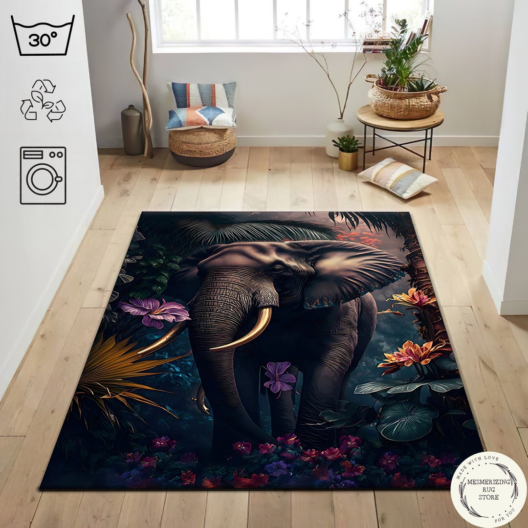 Elephant Pattern Rug: Botanical Forest Pattern, Art Deco Style Home ...