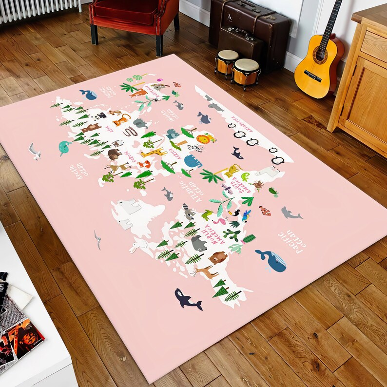Pink World Map Kids Rug: Educational Animal Play Mat, Personalized With ...