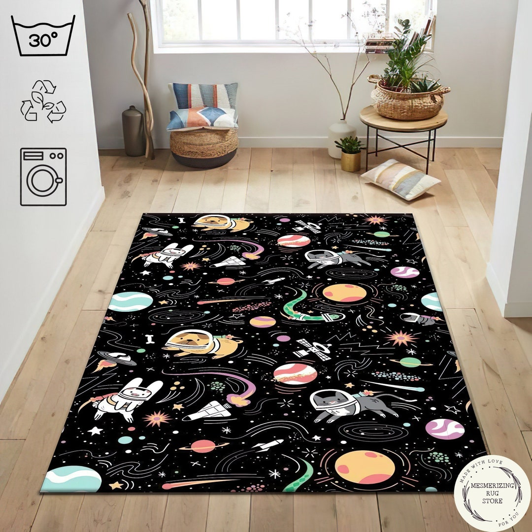 Space Themed Rug, Astronaut Animals Kids Room Rug, Baby Play Mat, Kids ...
