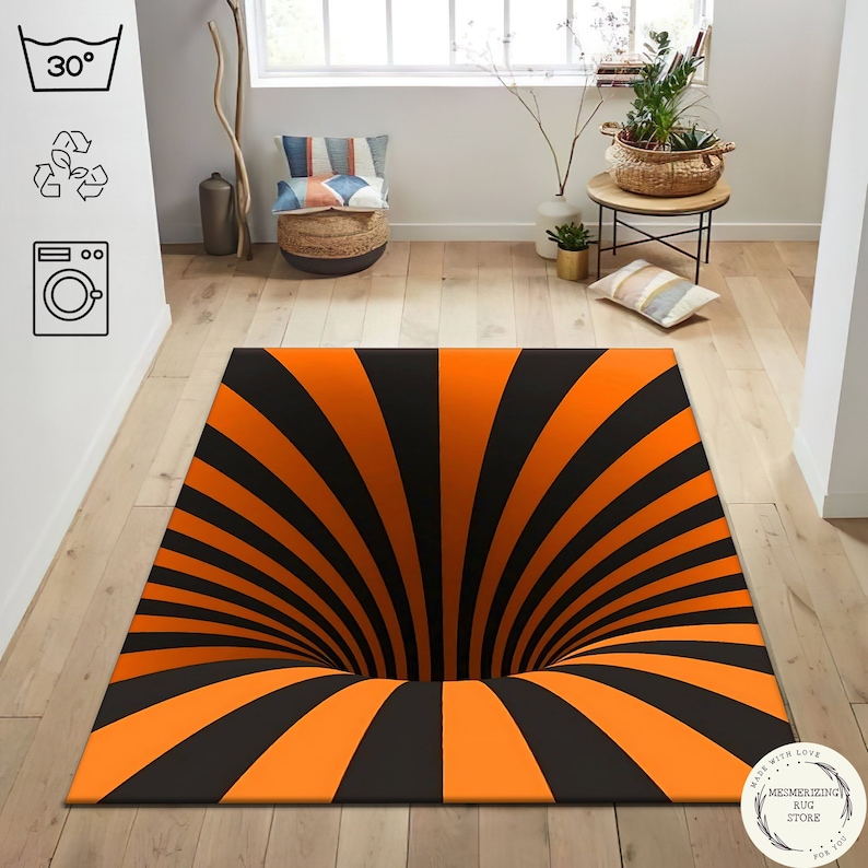 3D Vortex Rug, Optical Illusion Rug, Black and Orange Rug, Optical ...