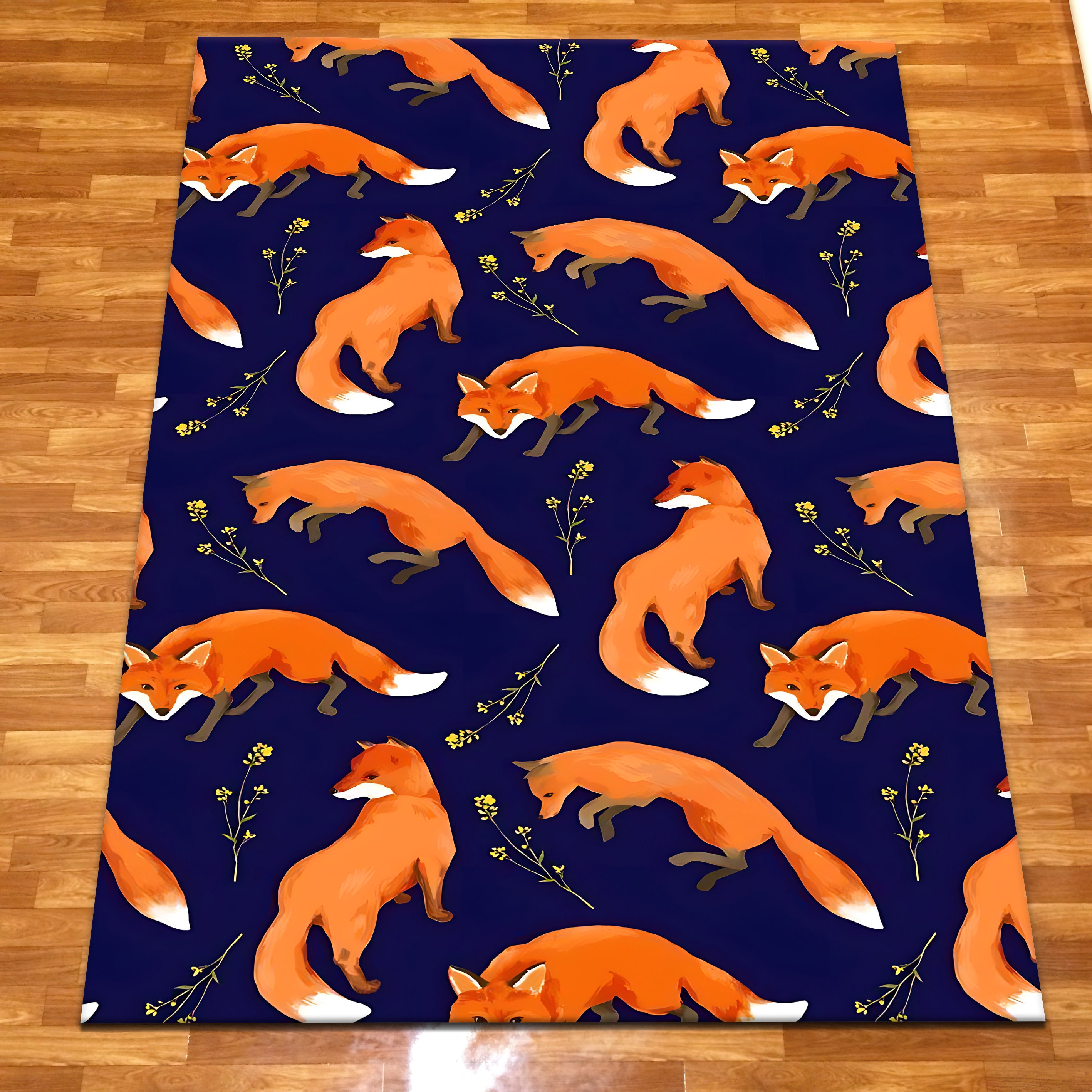 Fox Pattern Kids Rug, Flower Pattern Rug, Fox Rug, Woodland Animals ...