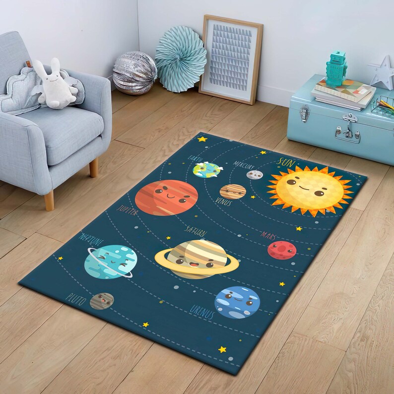 Solar System Rug for Kids, Colorful Space Themed Carpet, Montessori ...