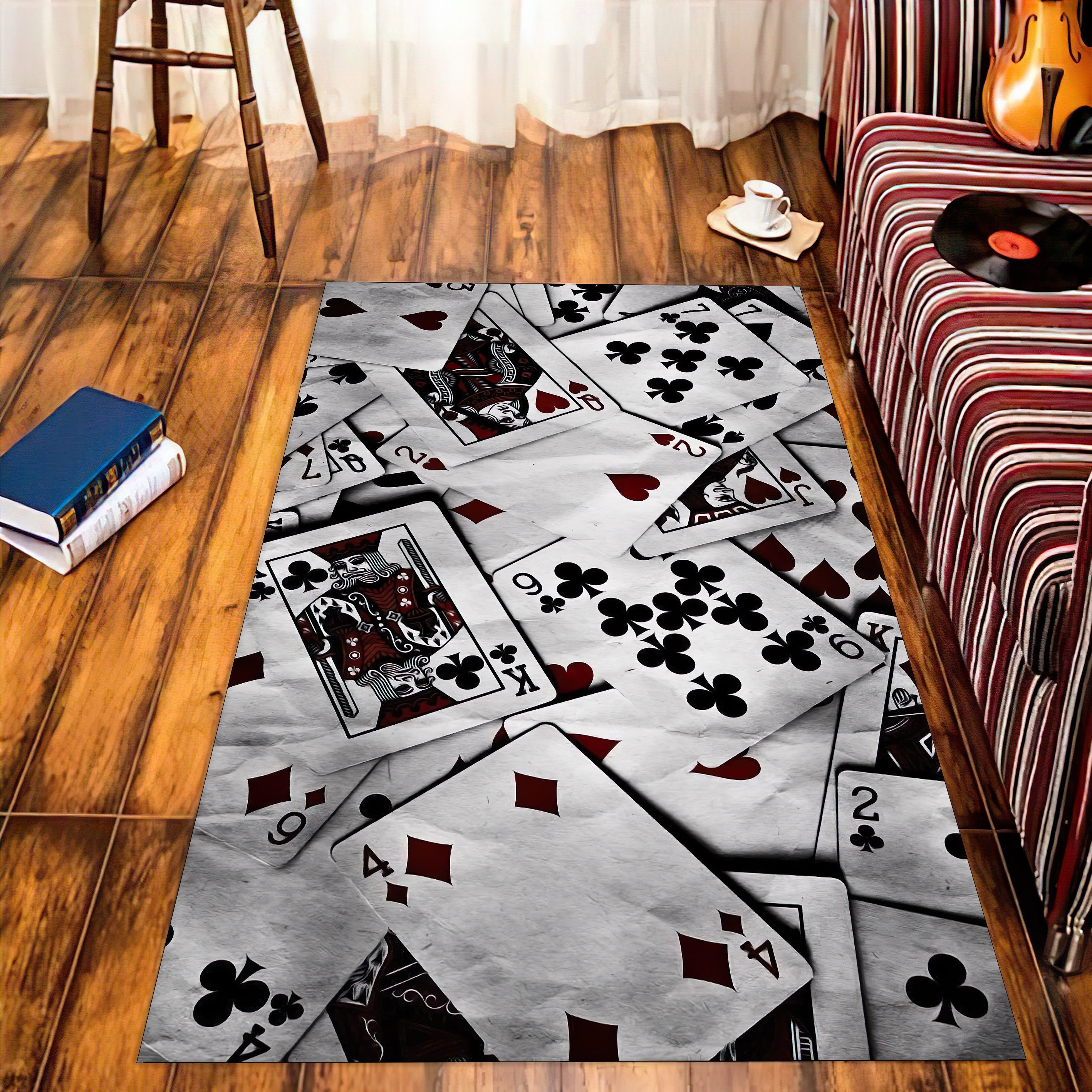 Playing Cards Themed Printed Rug, Black and White Rug, Washable Rug ...