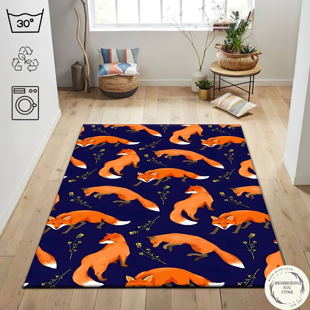 Fox Pattern Kids Rug, Flower Pattern Rug, Fox Rug, Woodland Animals ...