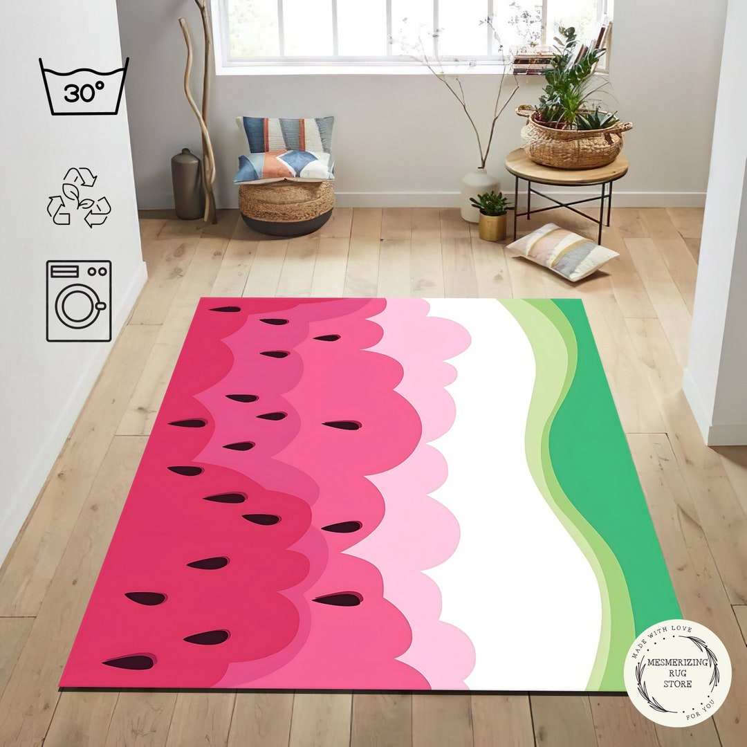 Watermelon Print Rug: Pink & Green Playroom Decor, Kitchen Decor Mat - Etsy