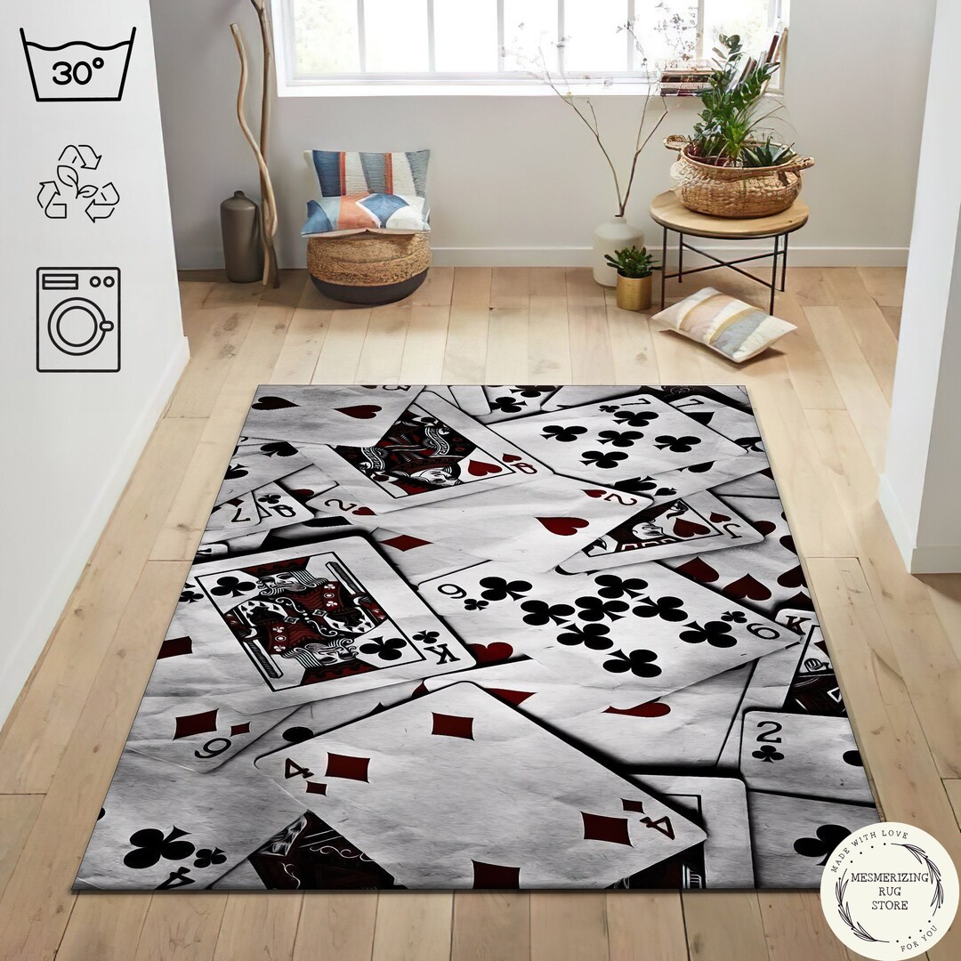 Playing Cards Themed Printed Rug, Black and White Rug, Washable Rug ...