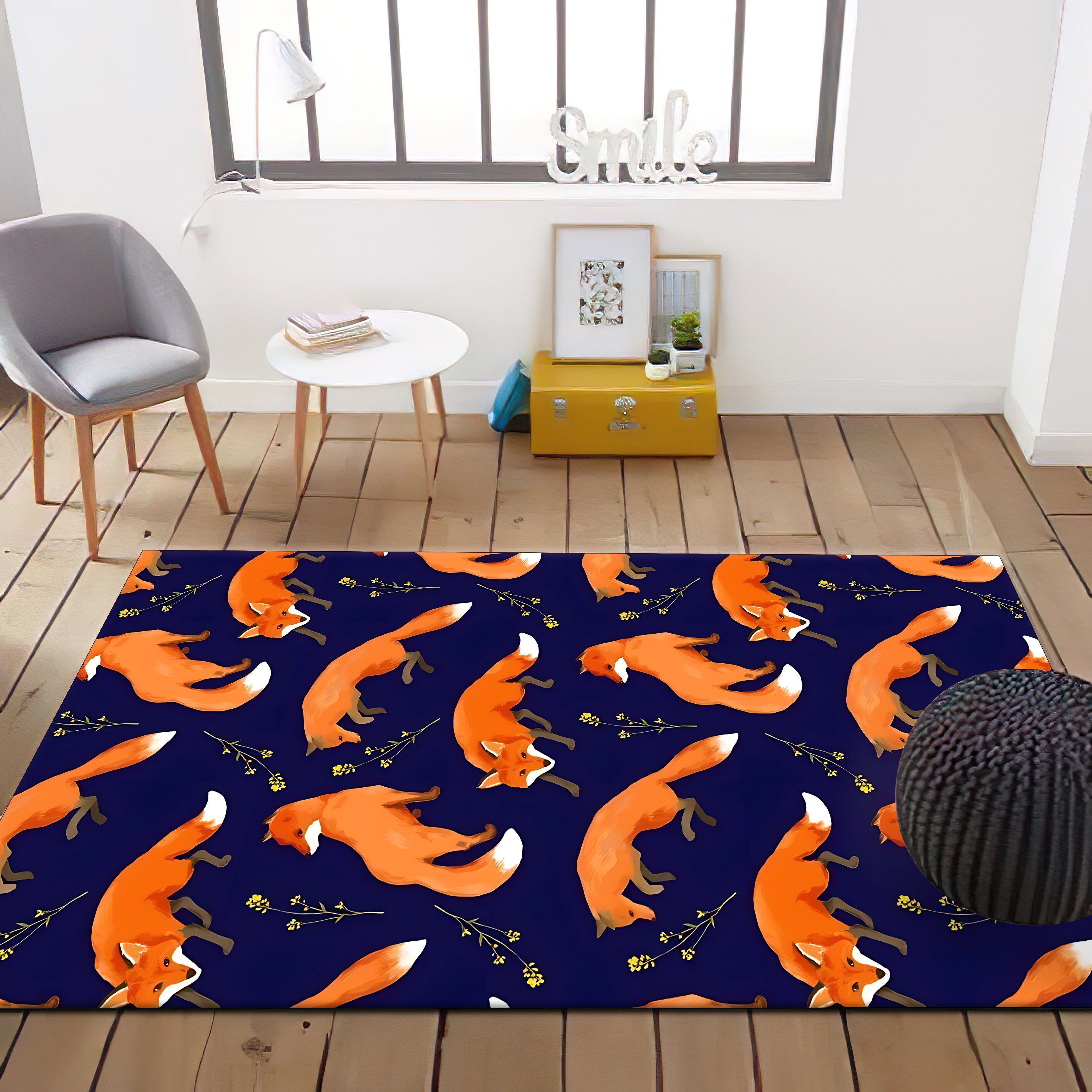 Fox Pattern Kids Rug, Flower Pattern Rug, Fox Rug, Woodland Animals ...