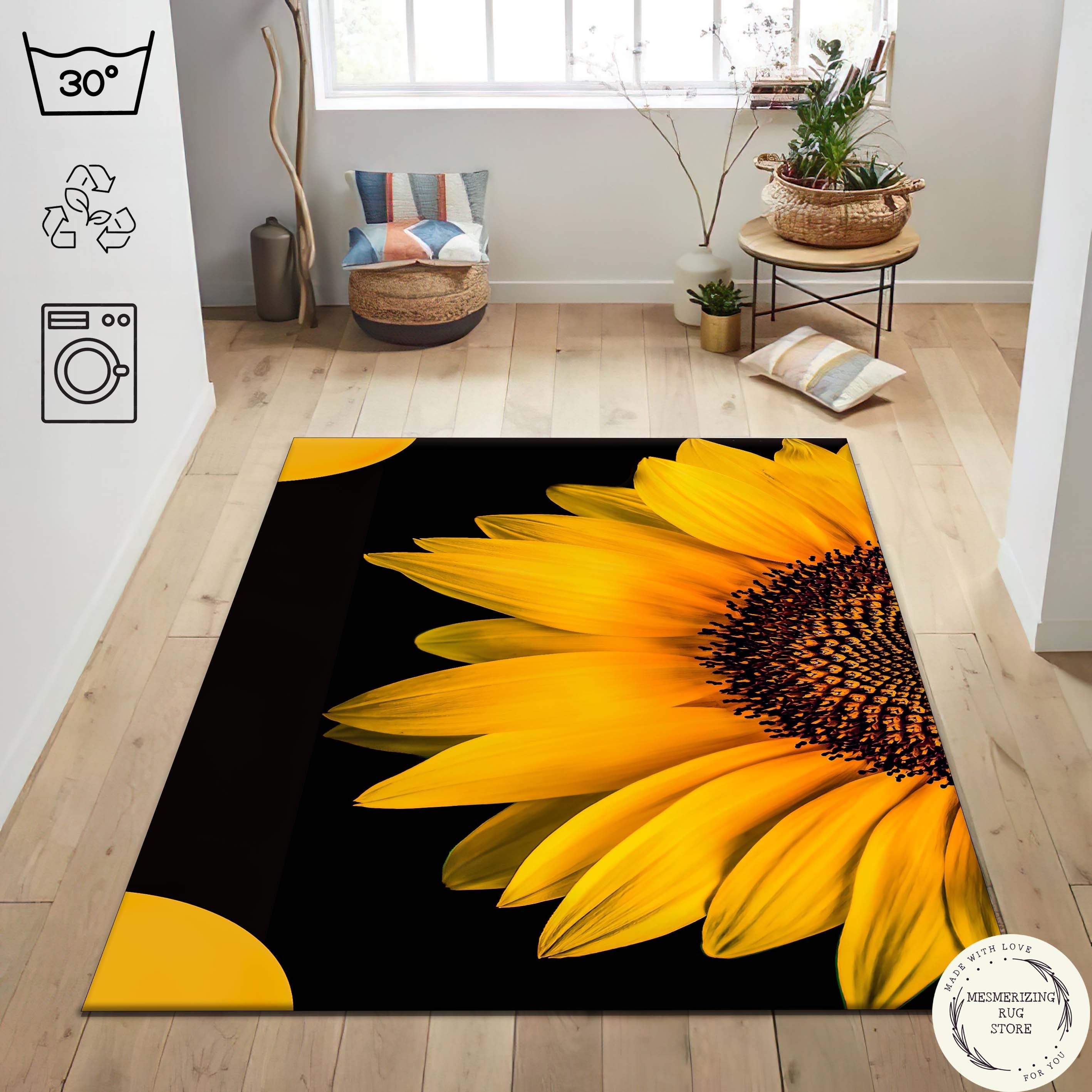 Realistic Sunflowers Rug, Black and Yellow Rug, Flower Rug, Vibrant ...