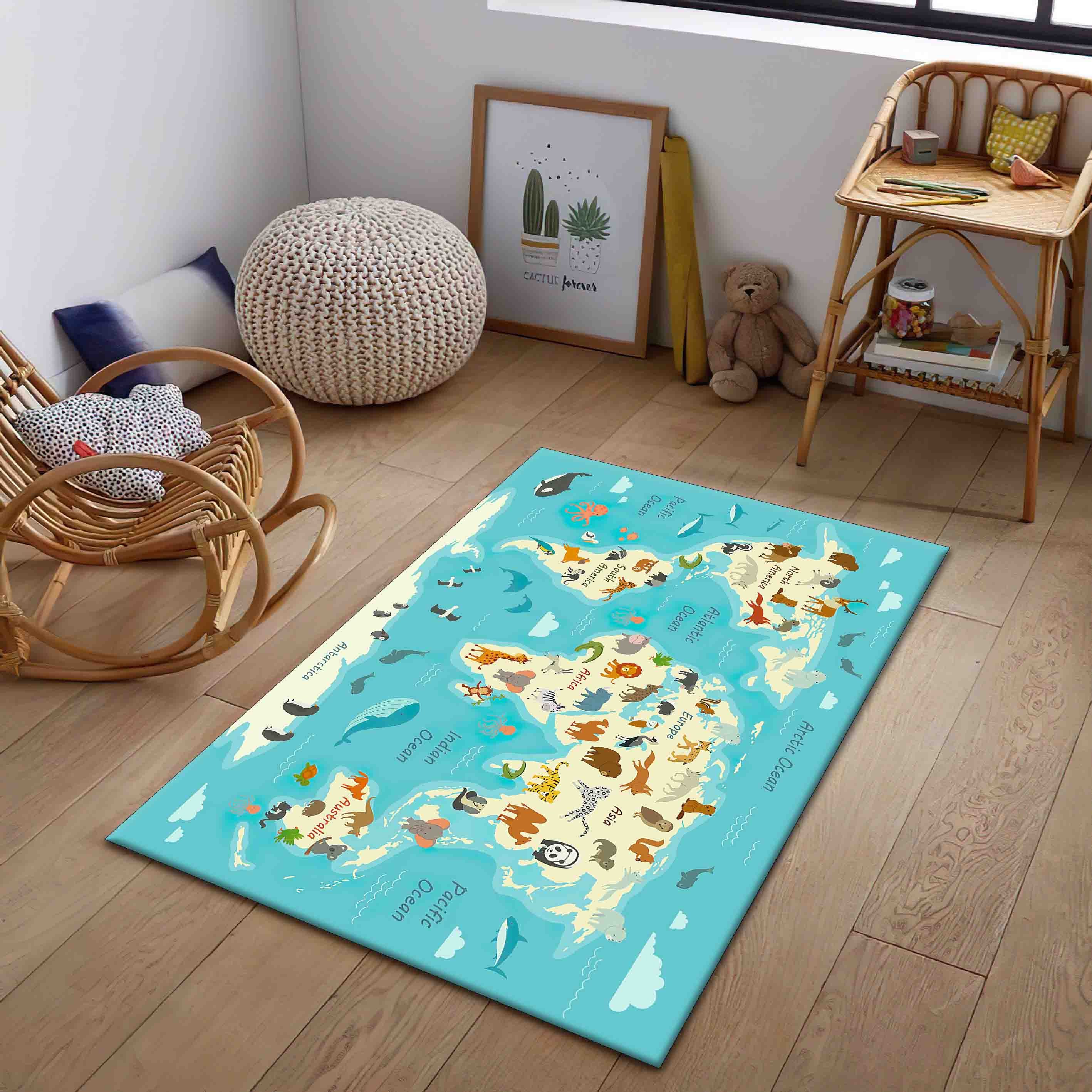 World Map Play Mat for Kids, Learn Continents & Animals, Baby Play Mat ...