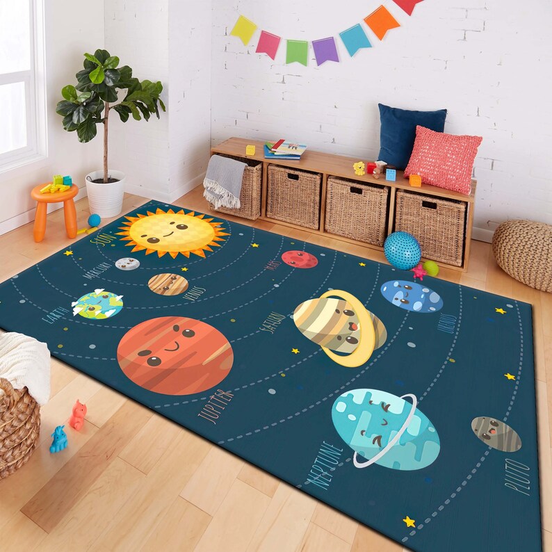 Solar System Rug for Kids, Colorful Space Themed Carpet, Montessori ...