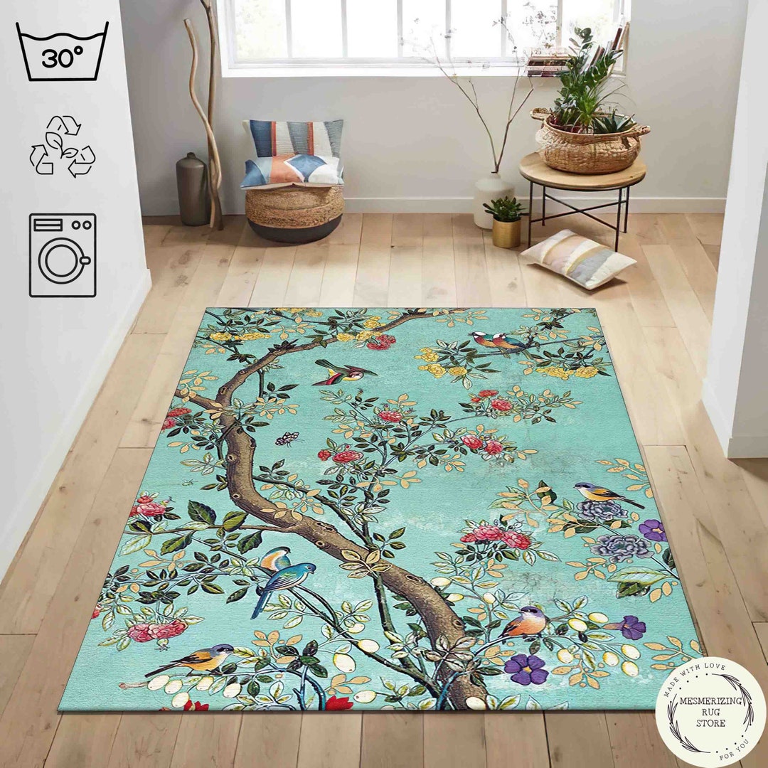 Birds and Flower Pattern Rug, Vintage Carpet for Bedroom, Living Room ...
