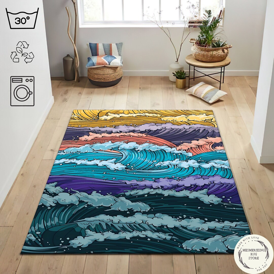 Ocean Waves Modern Art Rug, Sea Wave Rug, Retro 70s Area Rug, Neutral ...