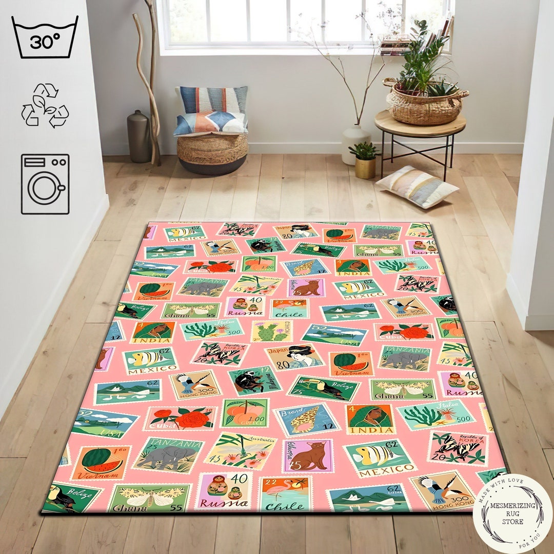 Pink Travel Stamp Rug: Countries Pattern Collection Rug - Etsy