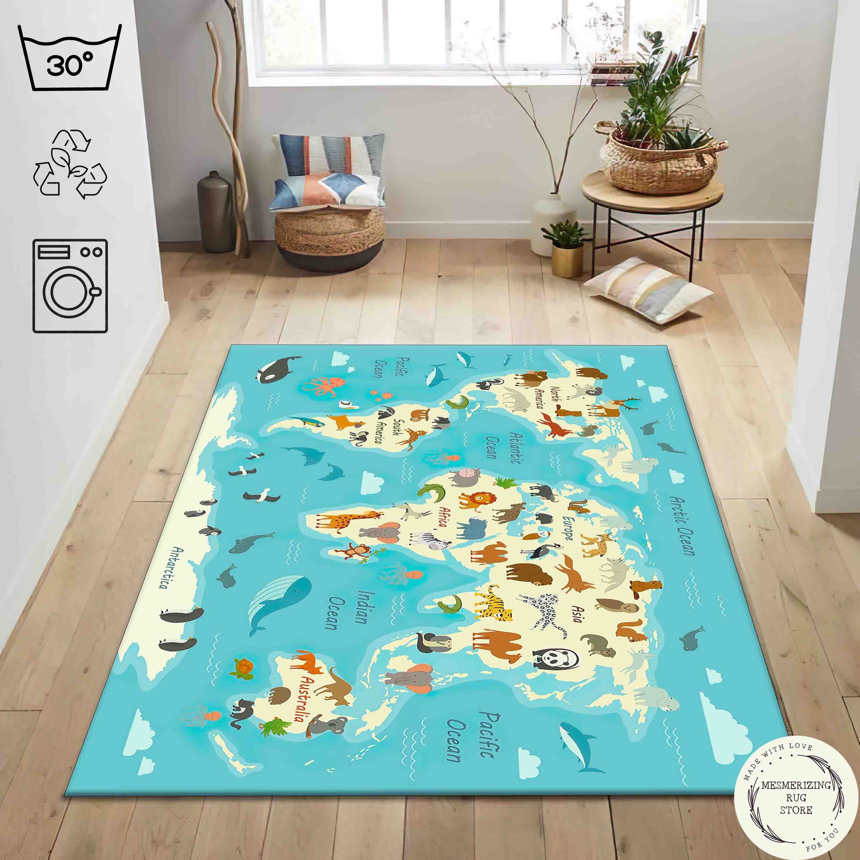 World Map Play Mat for Kids, Learn Continents & Animals, Baby Play Mat ...