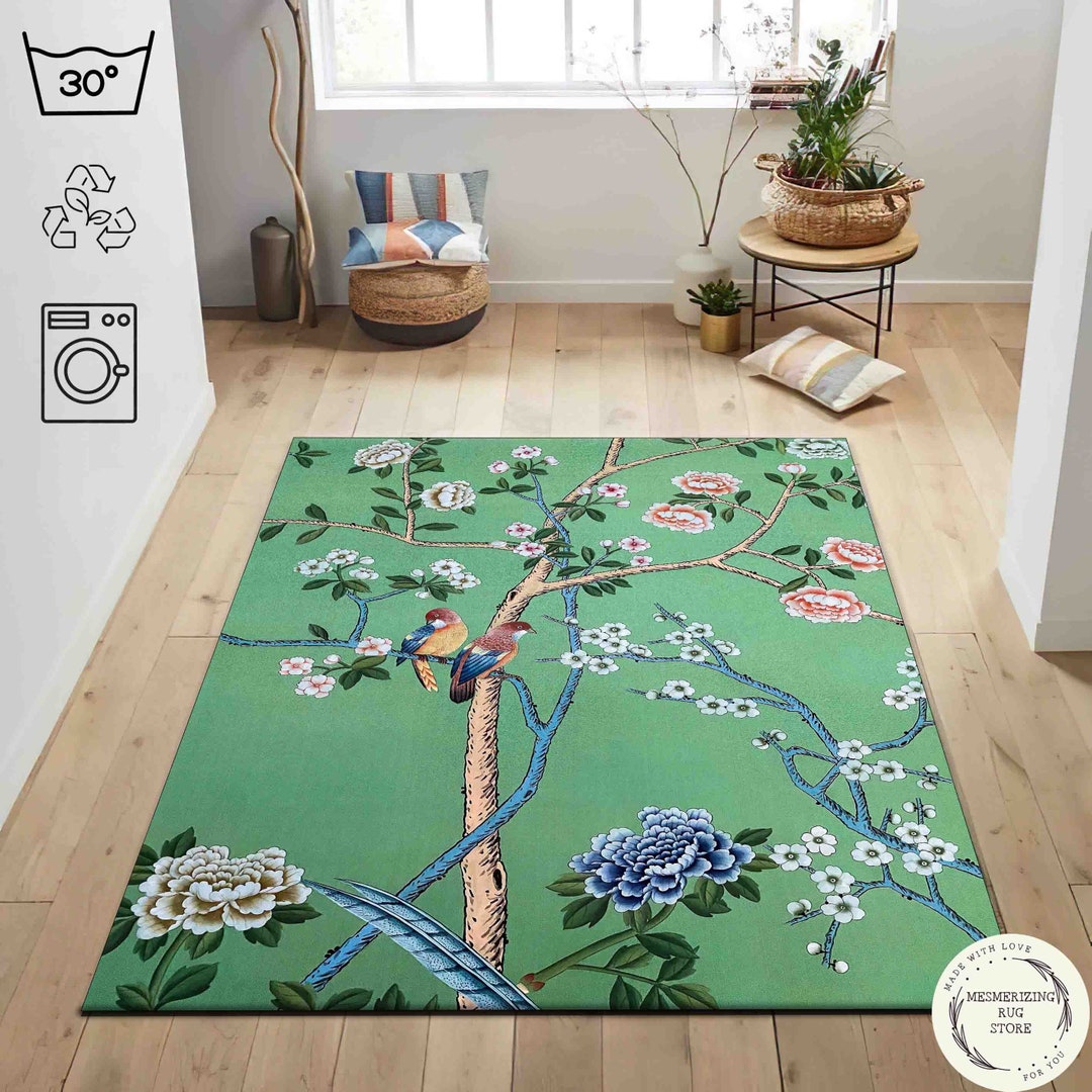 Birds and Flowers Pattern Rug, Green Tree Rug, Flowers Carpet, Living ...