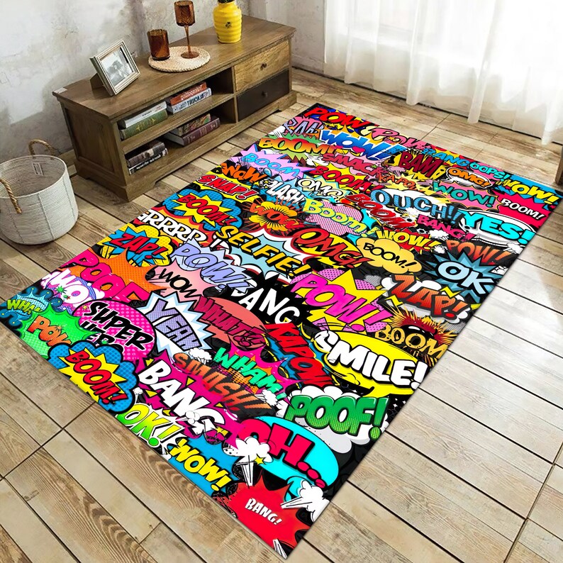 Comic Action Words Rug, Graffiti Rug, Comic Rug, Pop Art Rug, Boom Pow ...
