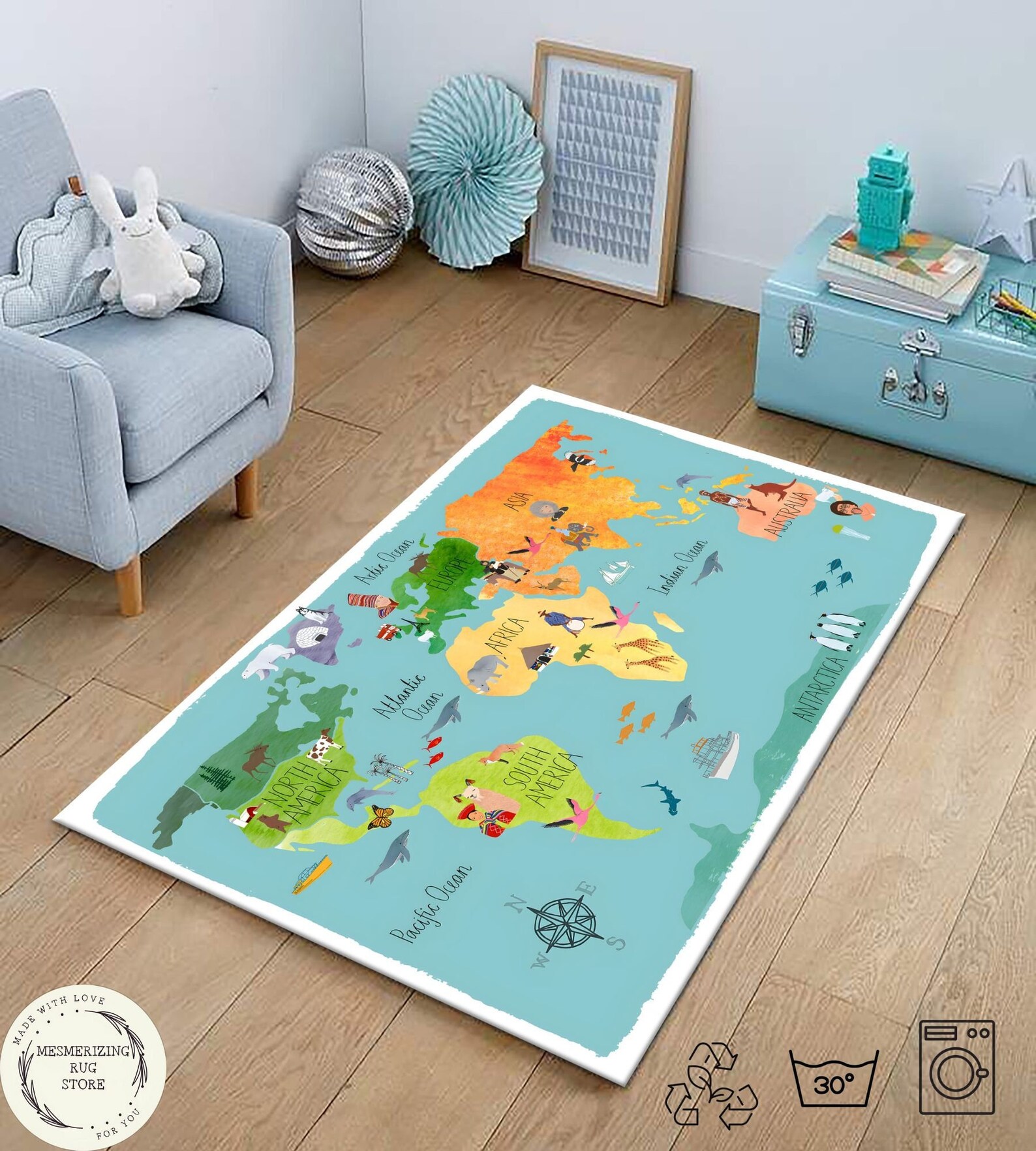 World Map Rug for Kids, World Map Carpet, Educational Play Mat for Kids ...