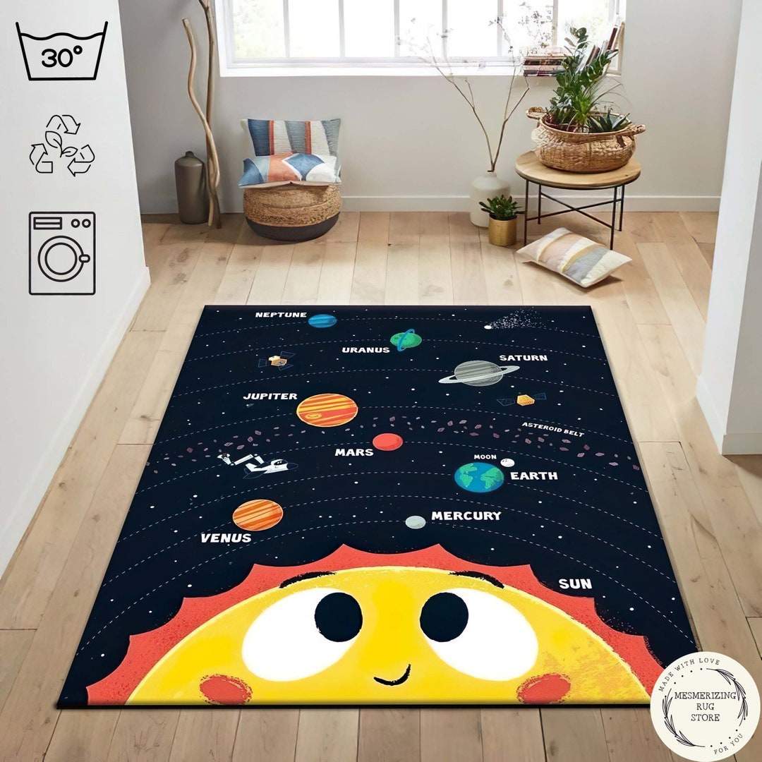 Solar System Themed Kids Room Rug, Planets Patterned Printed Rug, Kids ...