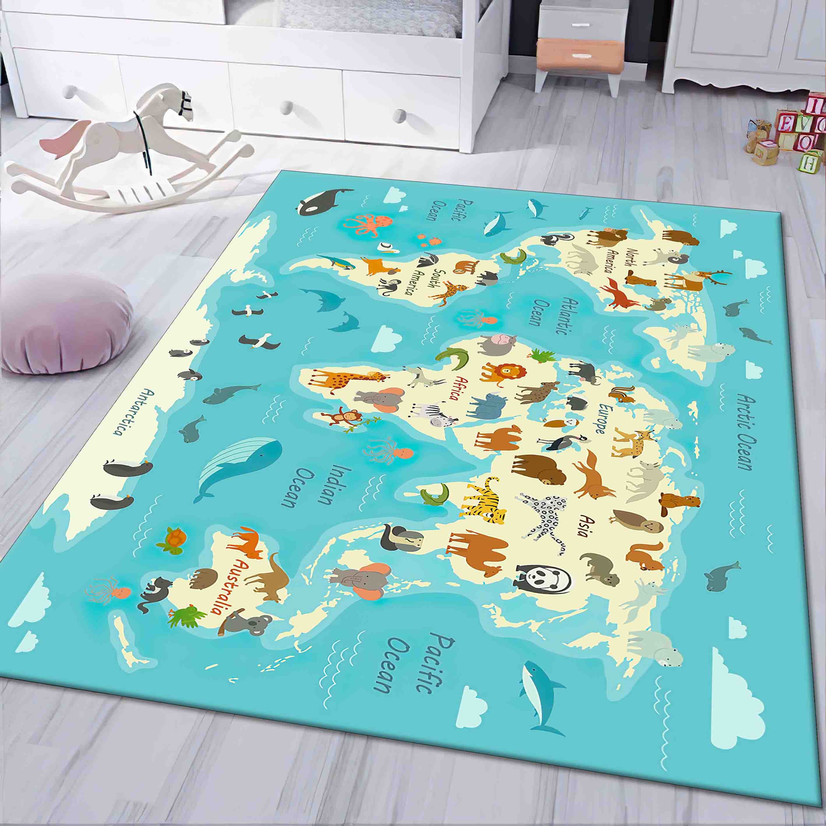 World Map Play Mat for Kids, Learn Continents & Animals, Baby Play Mat ...
