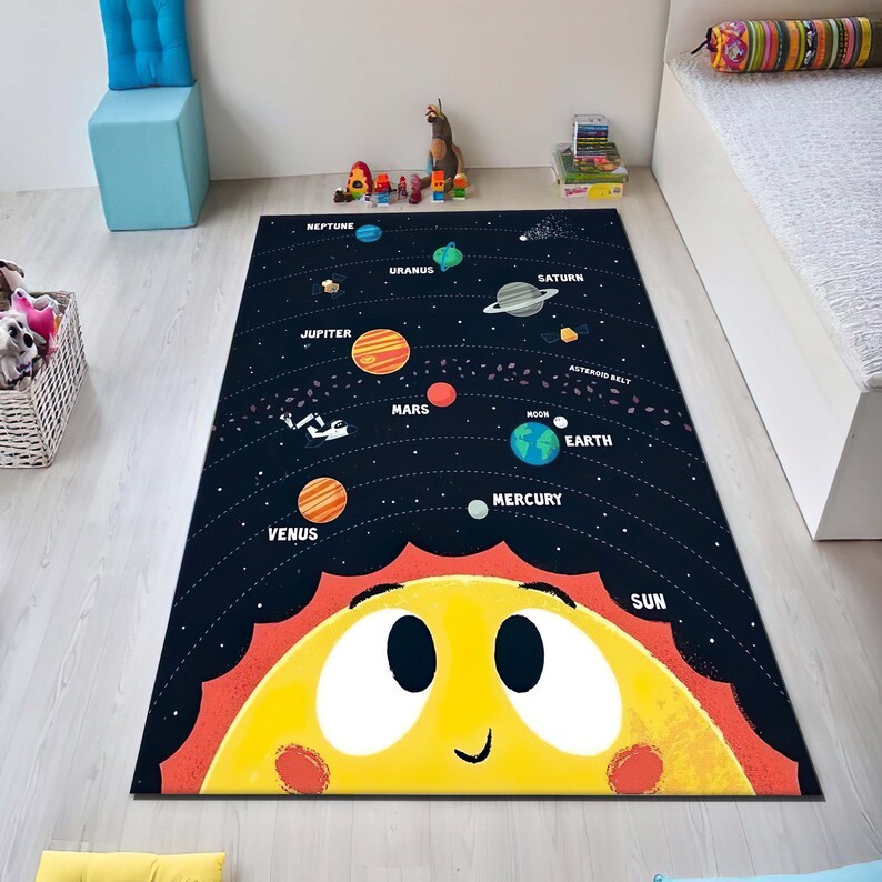 Solar System Themed Kids Room Rug, Planets Patterned Printed Rug, Kids ...