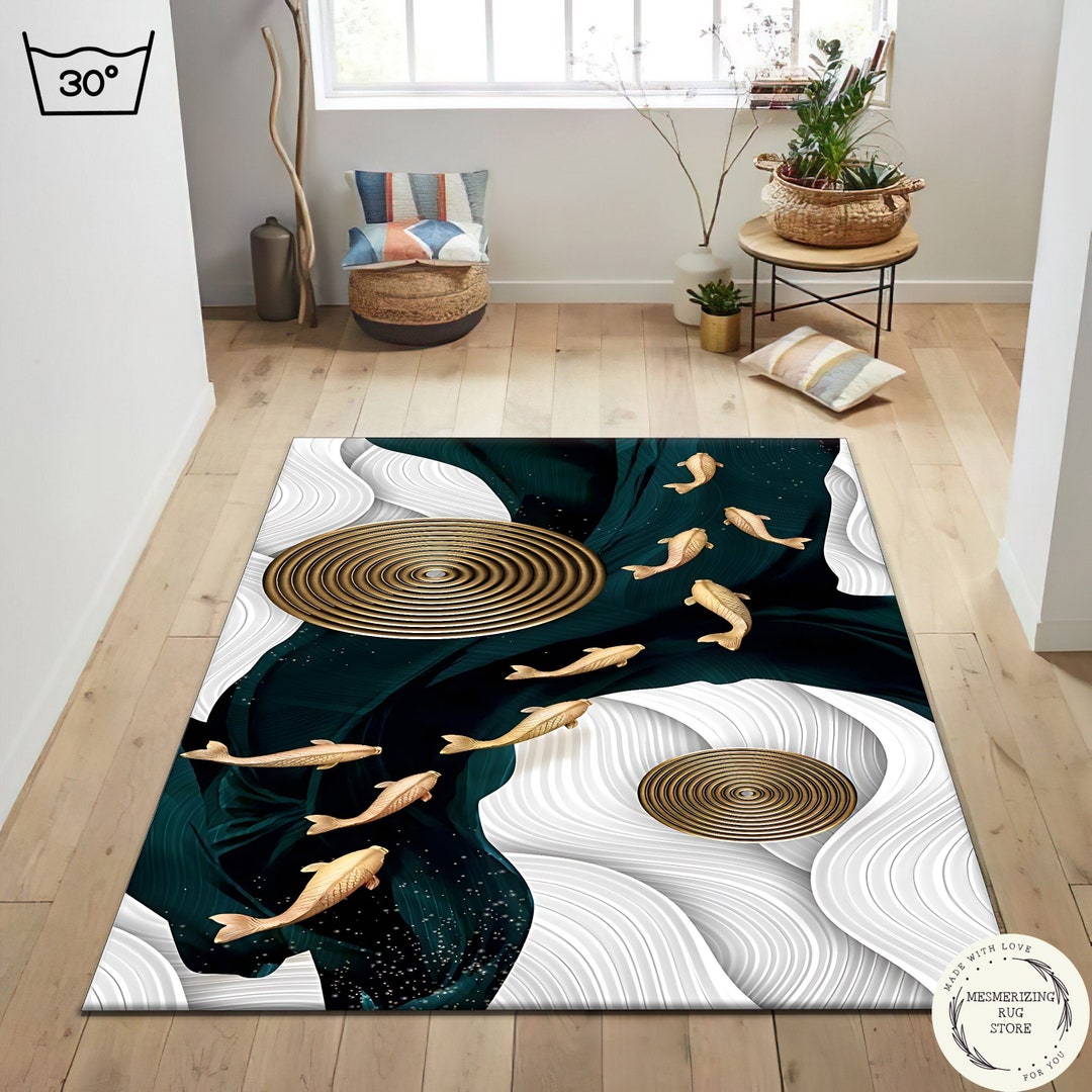 Koi Fish Rug: Abstract Gold & Green Velvet Decor, Modern Salon Decor - Etsy