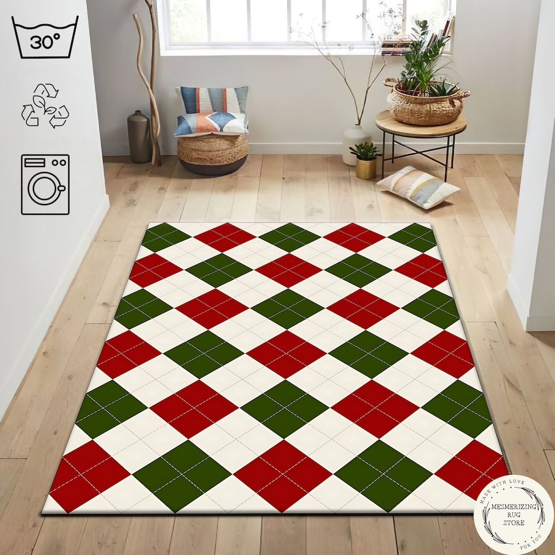 Checker Christmas Rug, Argyle Rug, Christmas Gift, Plaid Christmas ...