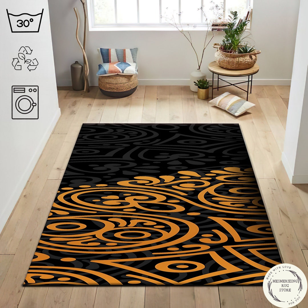 Black Rug, Black and Orange Rug, Minimalist Rug, Modern Abstract Rug ...
