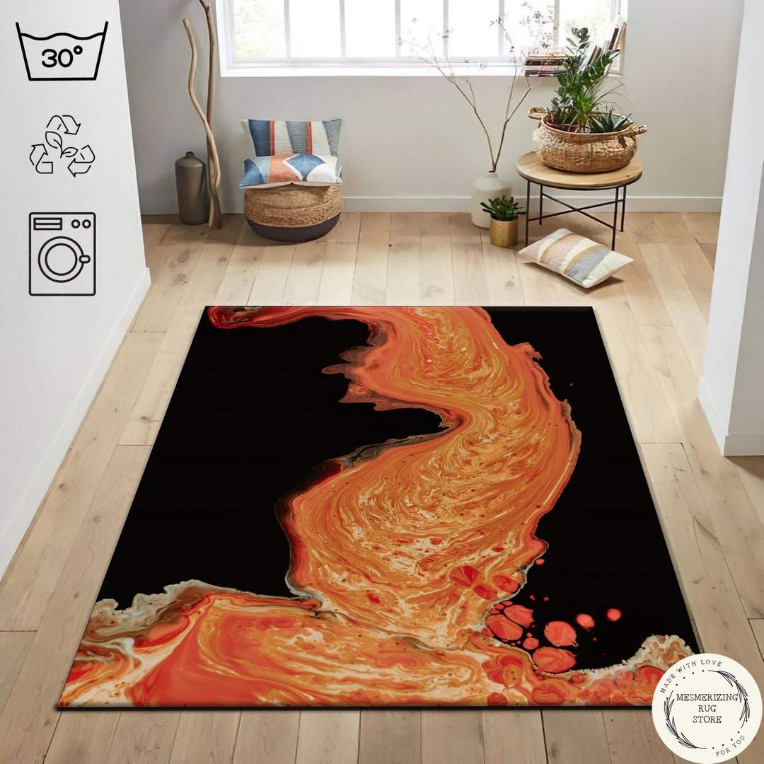 Black and Orange Oil Painting Rug, Marbling Rug, Abstract Rug, Art Rug ...