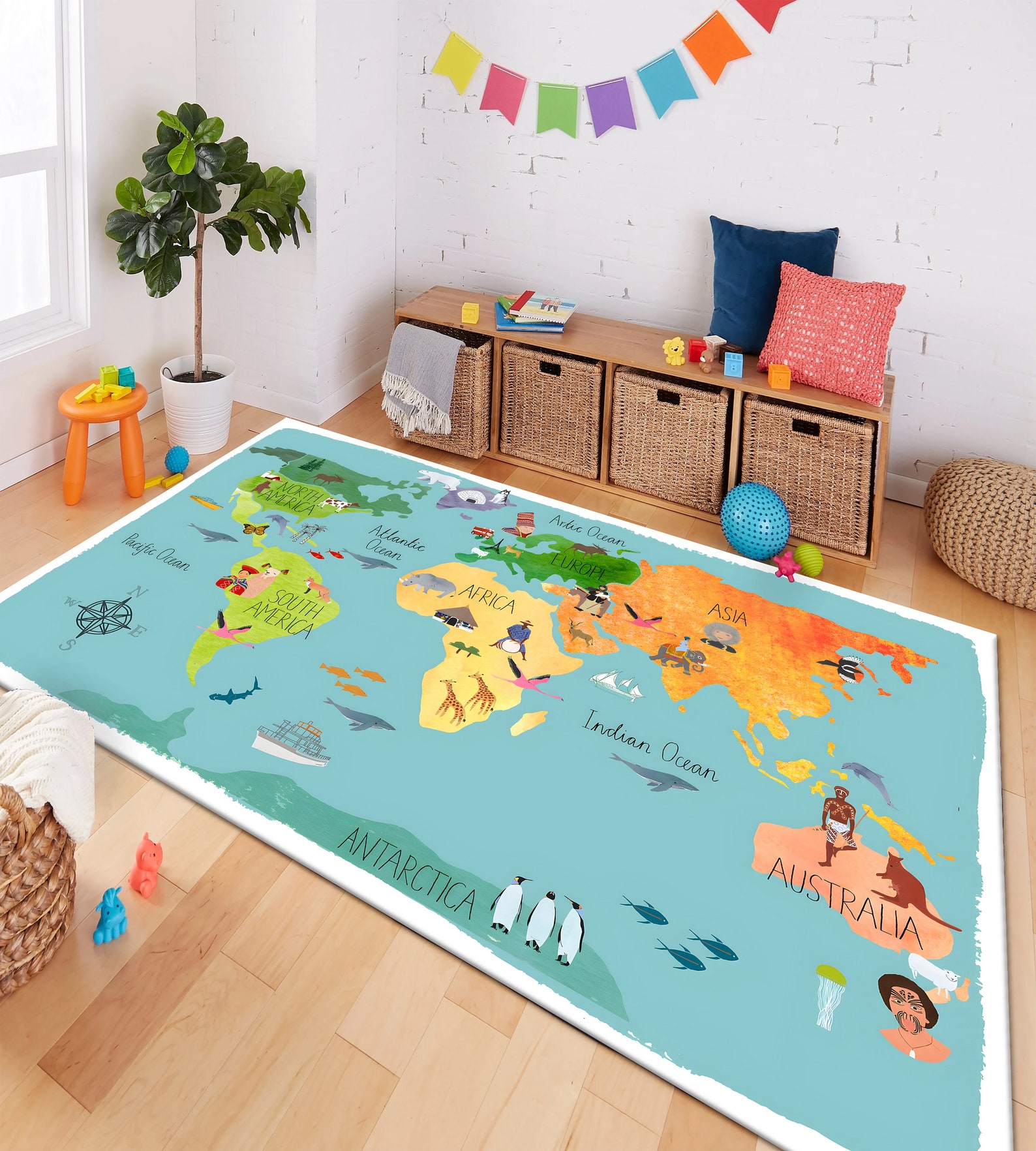 World Map Rug for Kids, World Map Carpet, Educational Play Mat for Kids ...
