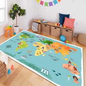 World Map Rug for Kids, World Map Carpet, Educational Play Mat for Kids ...