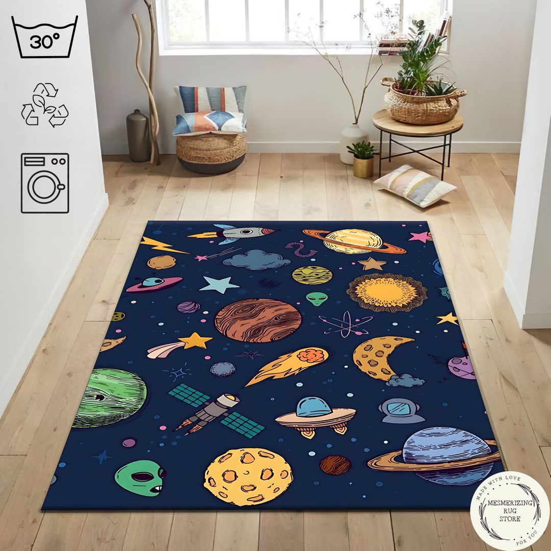 Space Themed Kids Room Rug, Planets Patterned Printed Rug, Kids Play ...