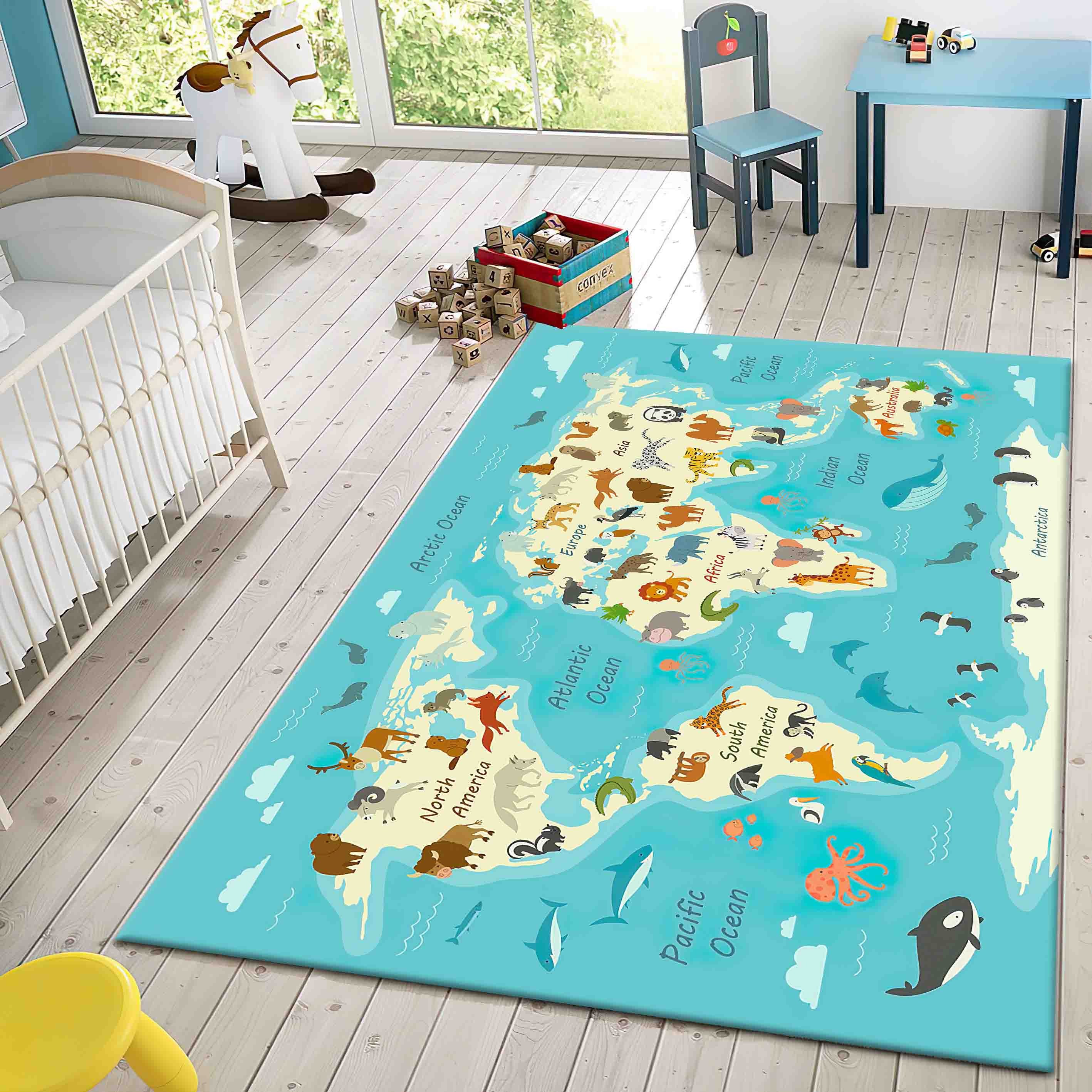 World Map Play Mat for Kids, Learn Continents & Animals, Baby Play Mat ...